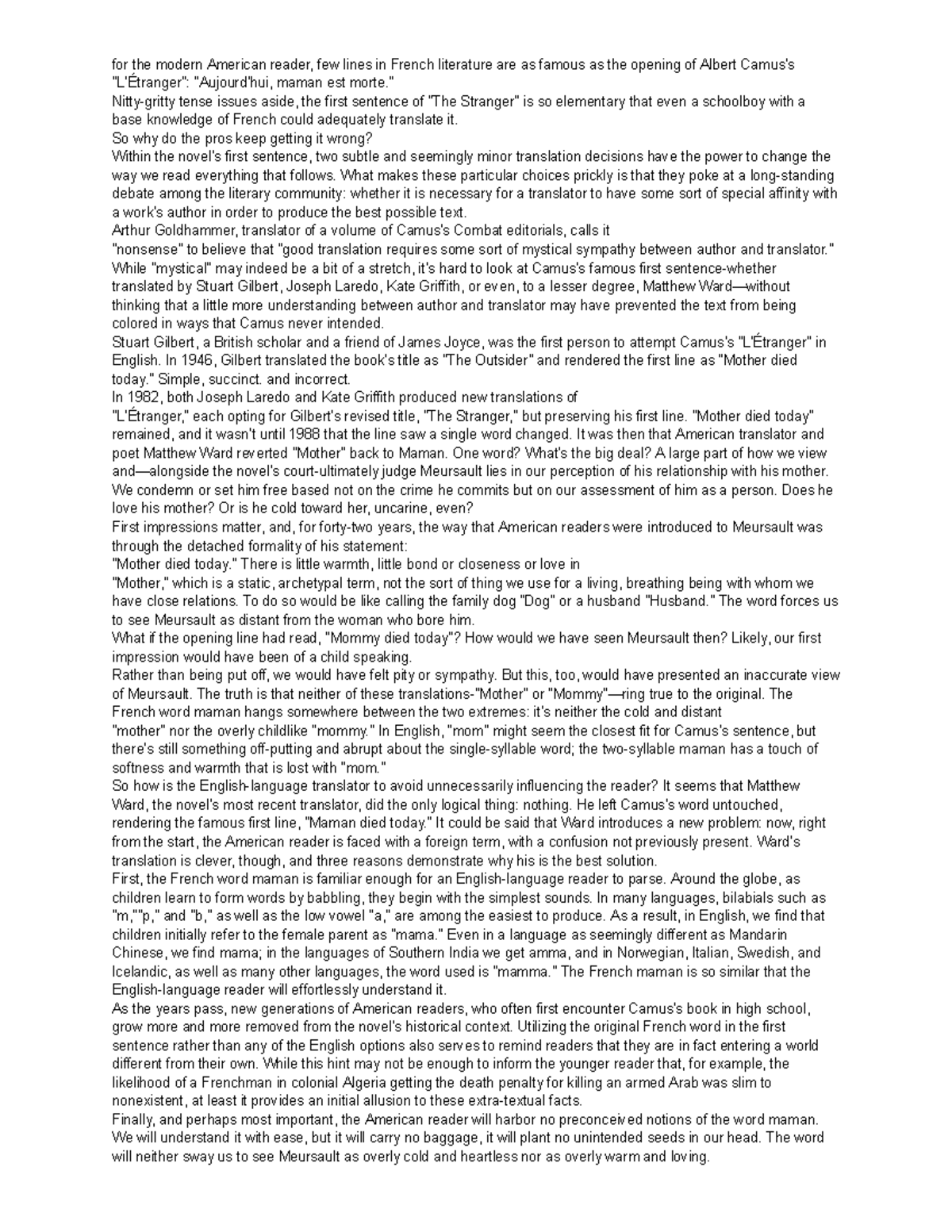 ENG 201 Essay Notes: Analyzing the First Line of "The Stranger" - Studocu