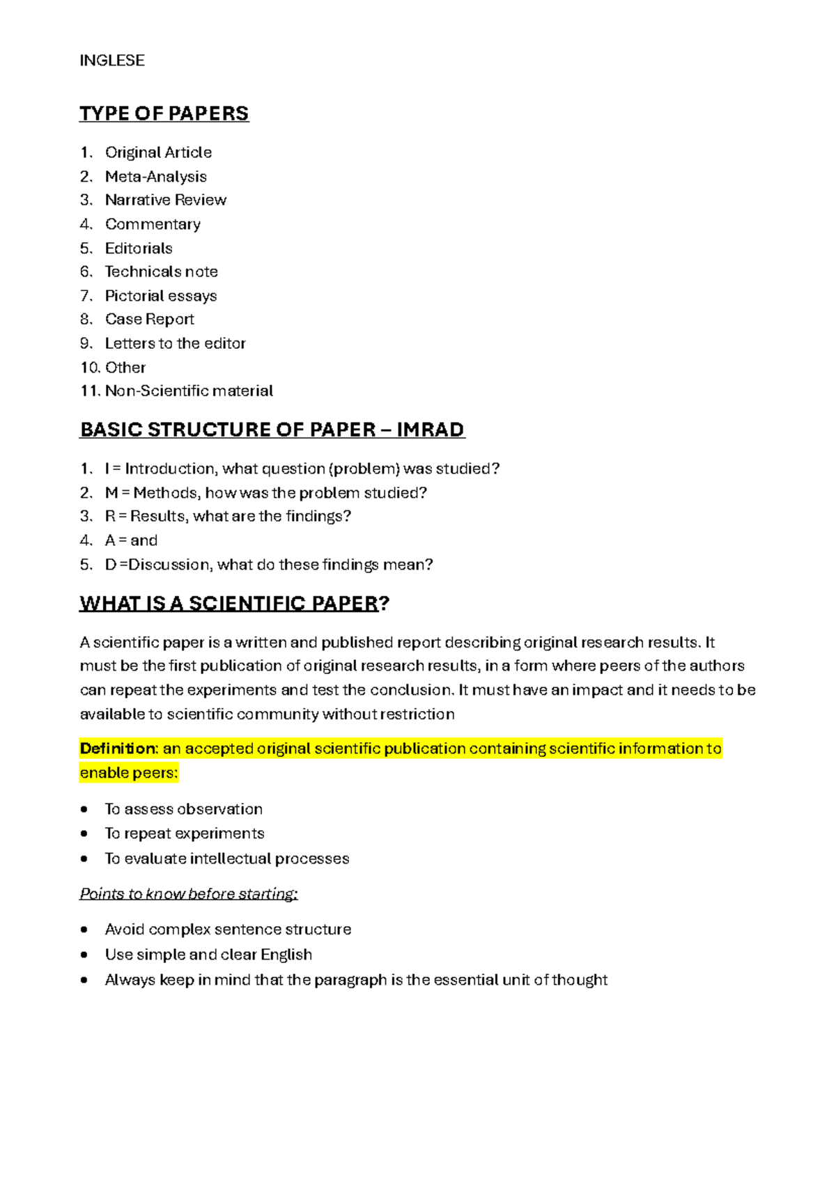 INGLESE: Essential Structure and Types of Scientific Papers - Studocu