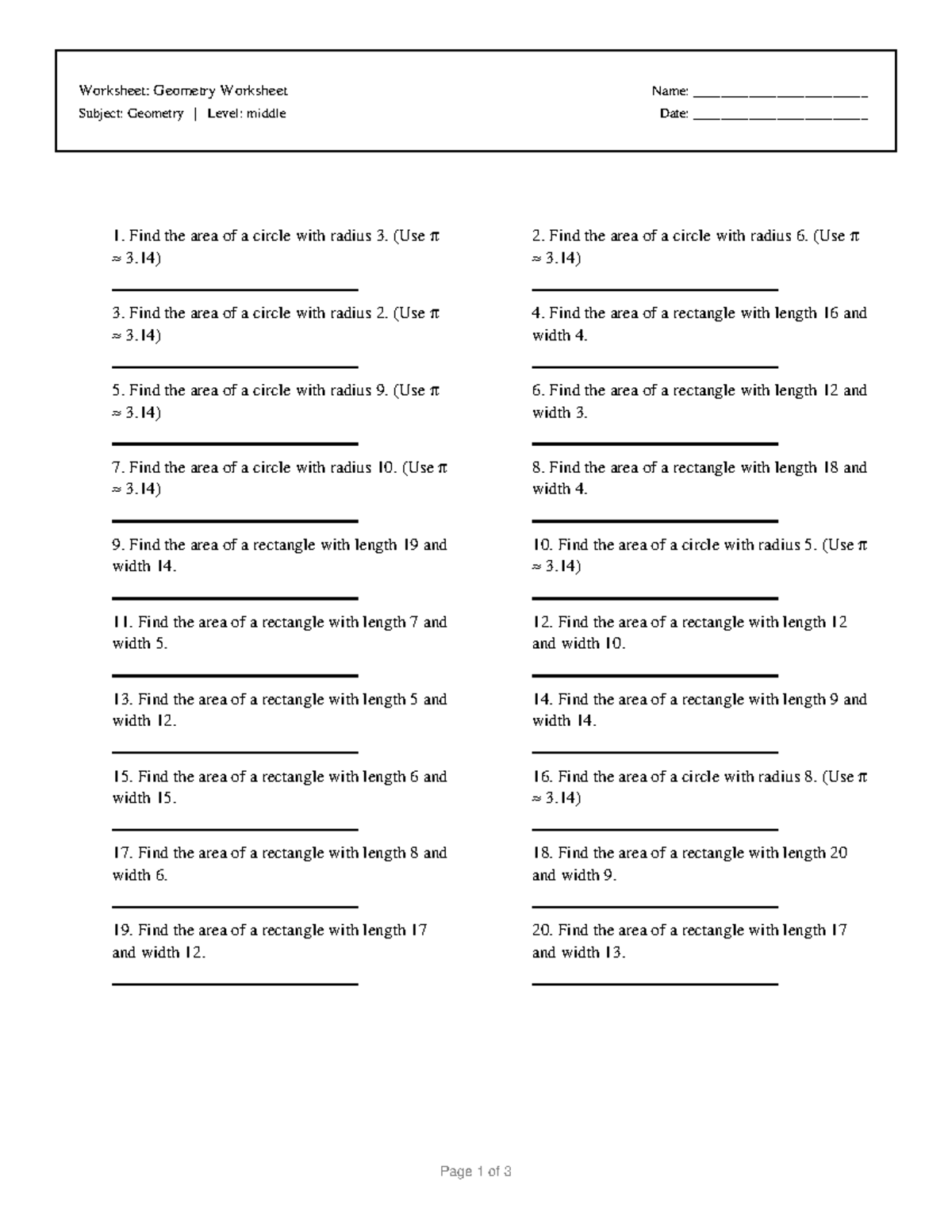 Geometry Worksheet 7: Area Calculations & Answer Key - Studocu