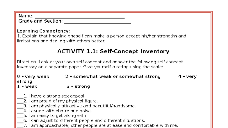 Activity 1 - Self-Assessment Inventory for Education Practice Materials ...