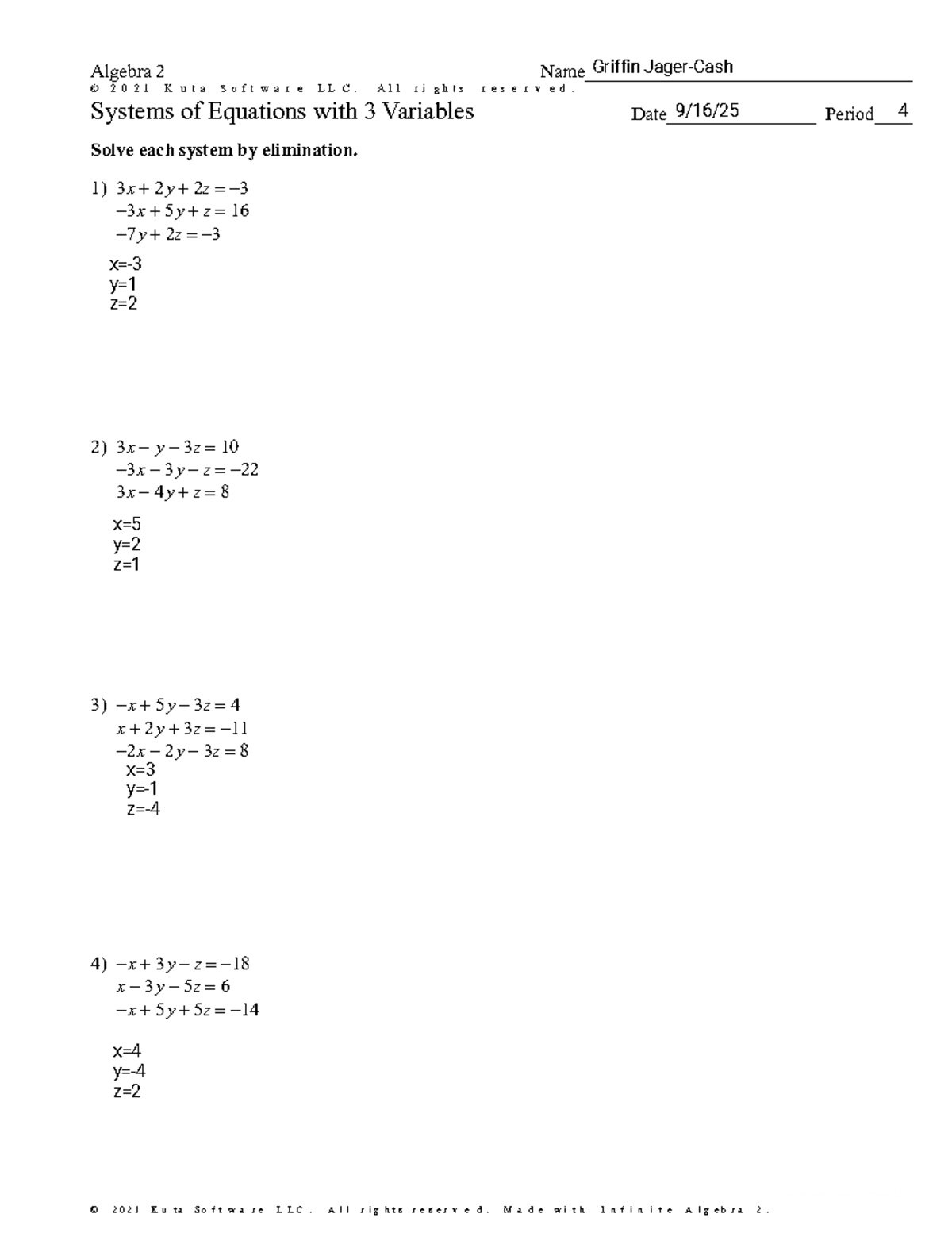Algebra 2: HW on Systems of Equations with 3 Variables - Studocu