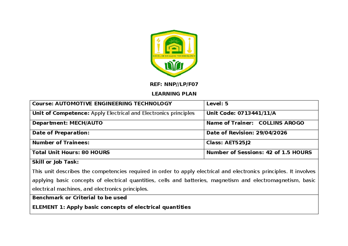 AET525J2 - Learning Plan for Electrical & Electronics Principles - Studocu