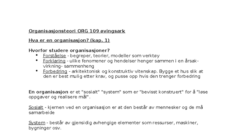 Organisasjonsteori ORG 109 Øvingsark: Forståelse av Organisasjoner (Kap ...