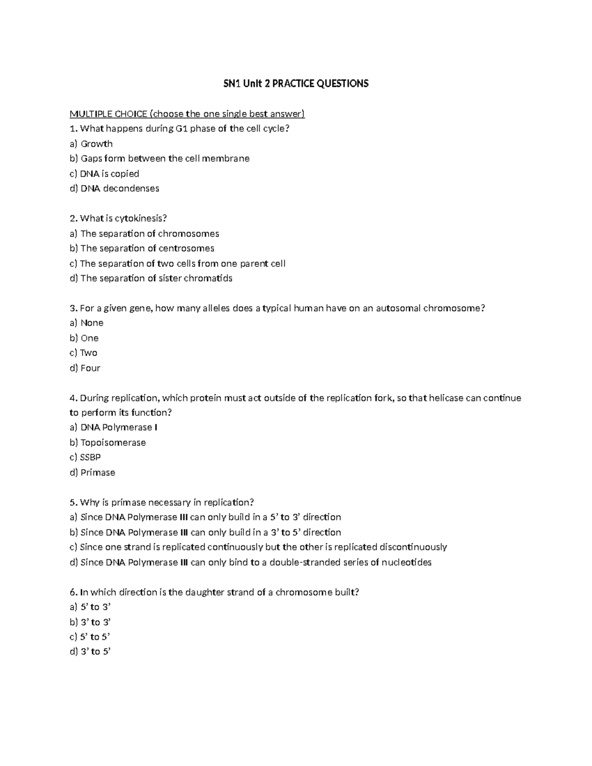 SN1 Unit 2 Practice Questions: Cell Cycle & Molecular Biology - Studocu