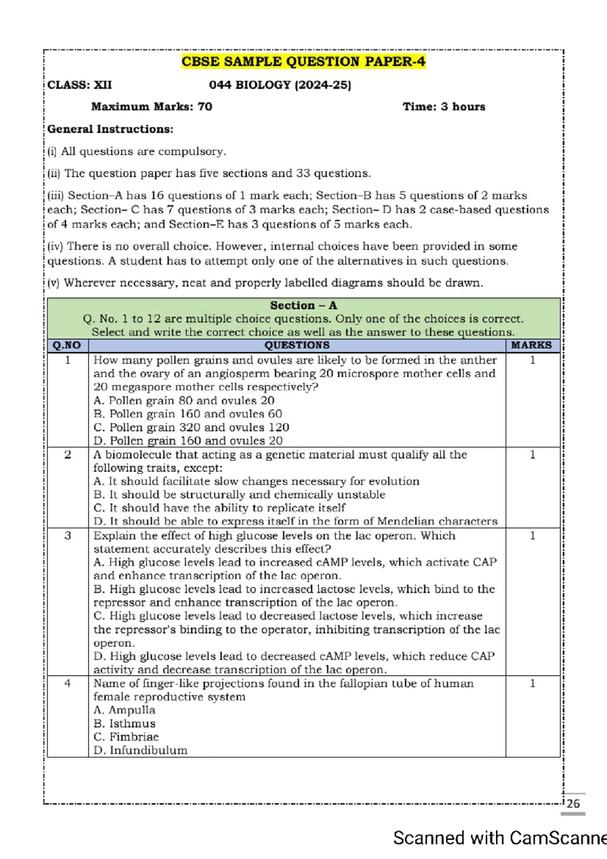 CBSE CLASS XII 044 BIOLOGY SAMPLE QUESTION PAPER 2023 - Studocu