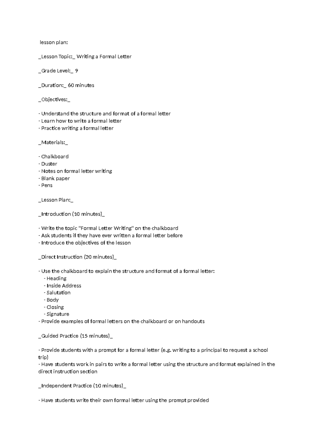 Lesson Plan: Writing a Formal Letter for Grade 9 (60 min) - Studocu