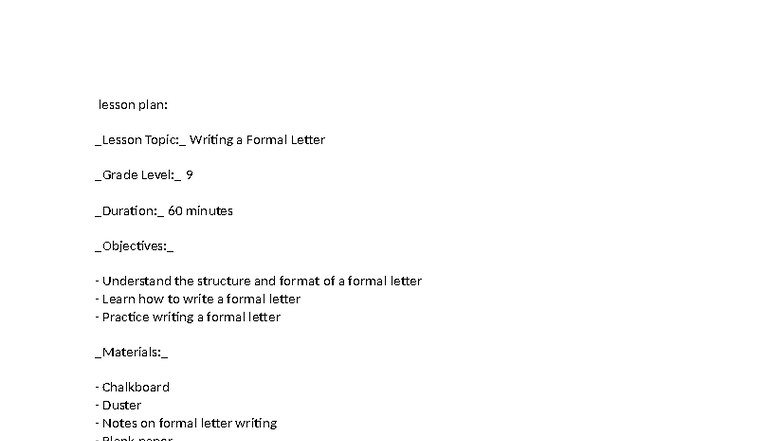 Lesson Plan: Writing a Formal Letter for Grade 9 (60 min) - Studocu
