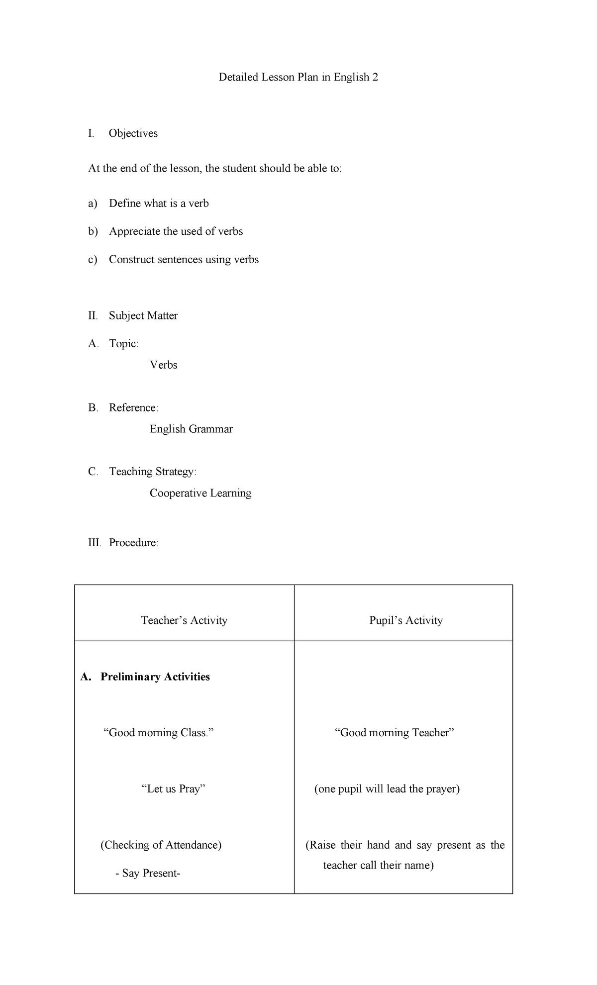 Detailed lesson plan verbs - Detailed Lesson Plan in English 2 I ...