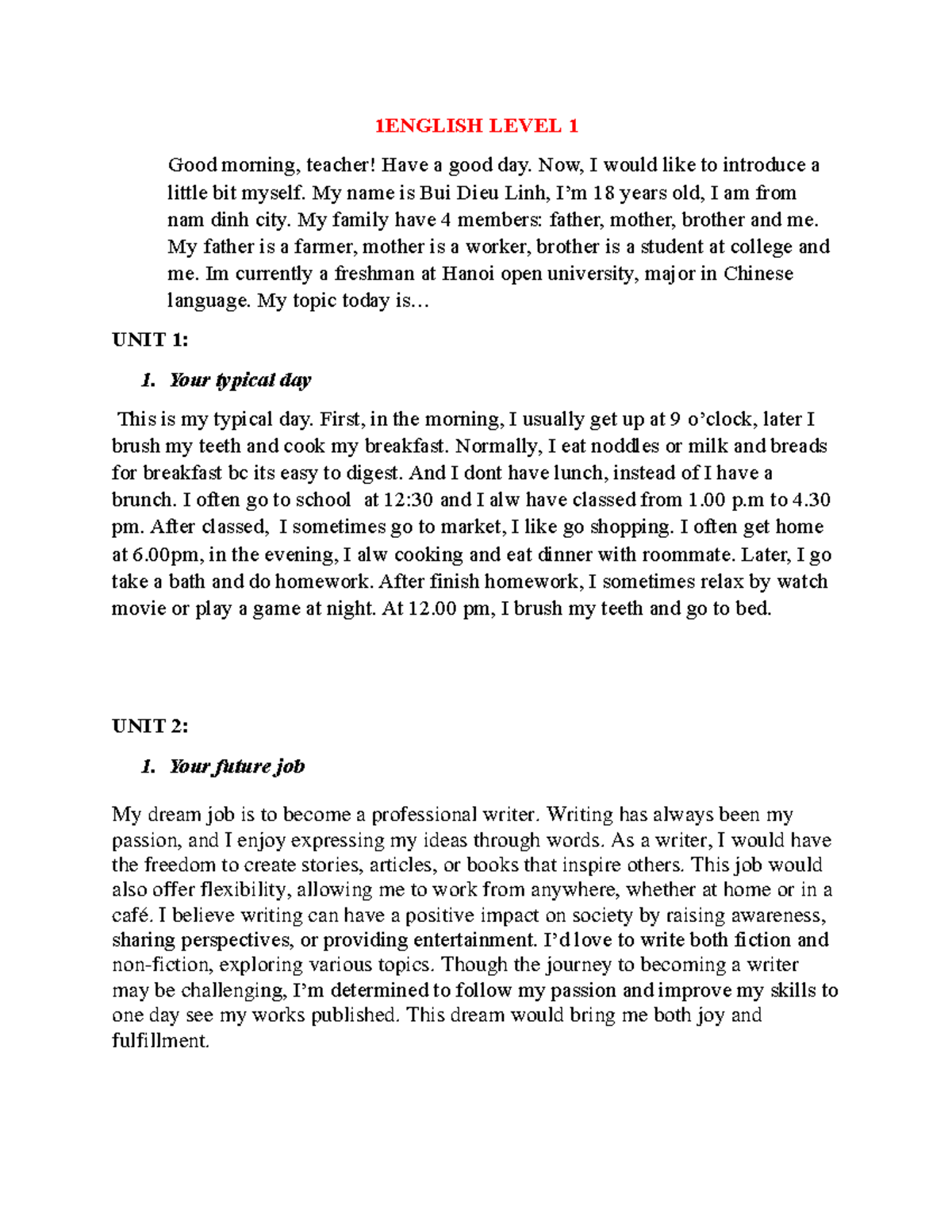 1ENGLISH LEVEL 1: My Daily Life, Hobbies, and Family - 2024-2025 - Studocu