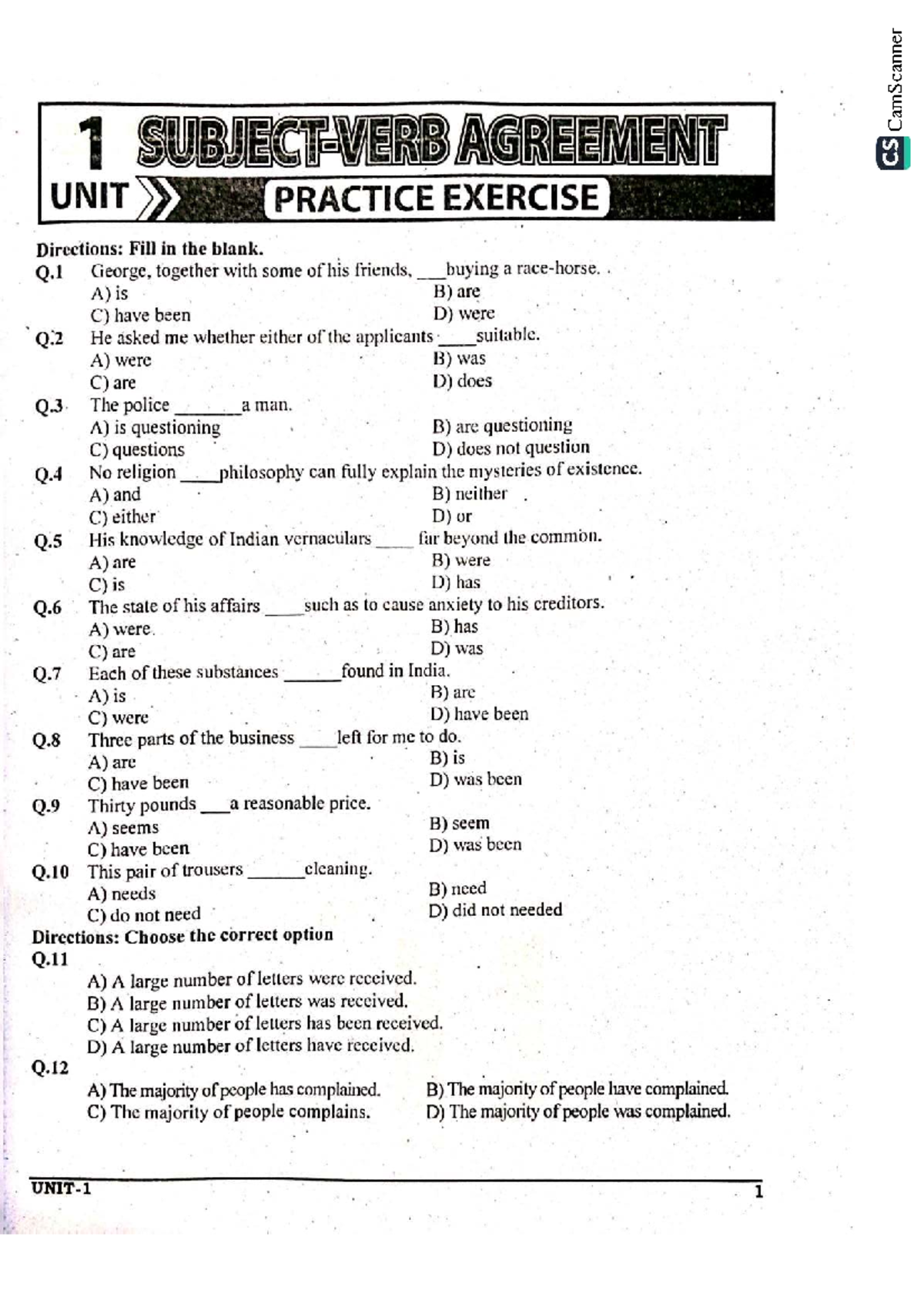 Unit 1: Subject-Verb Agreement Practice Exercise (CS 102019) - Studocu