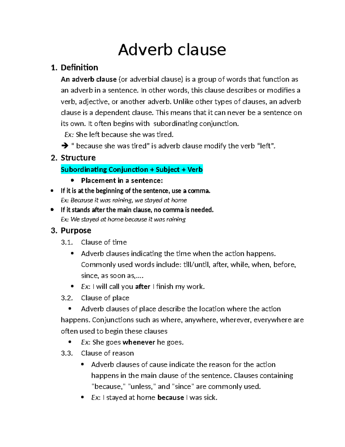 Adverb Clause Overview: Definitions, Structures, and Examples - Studocu