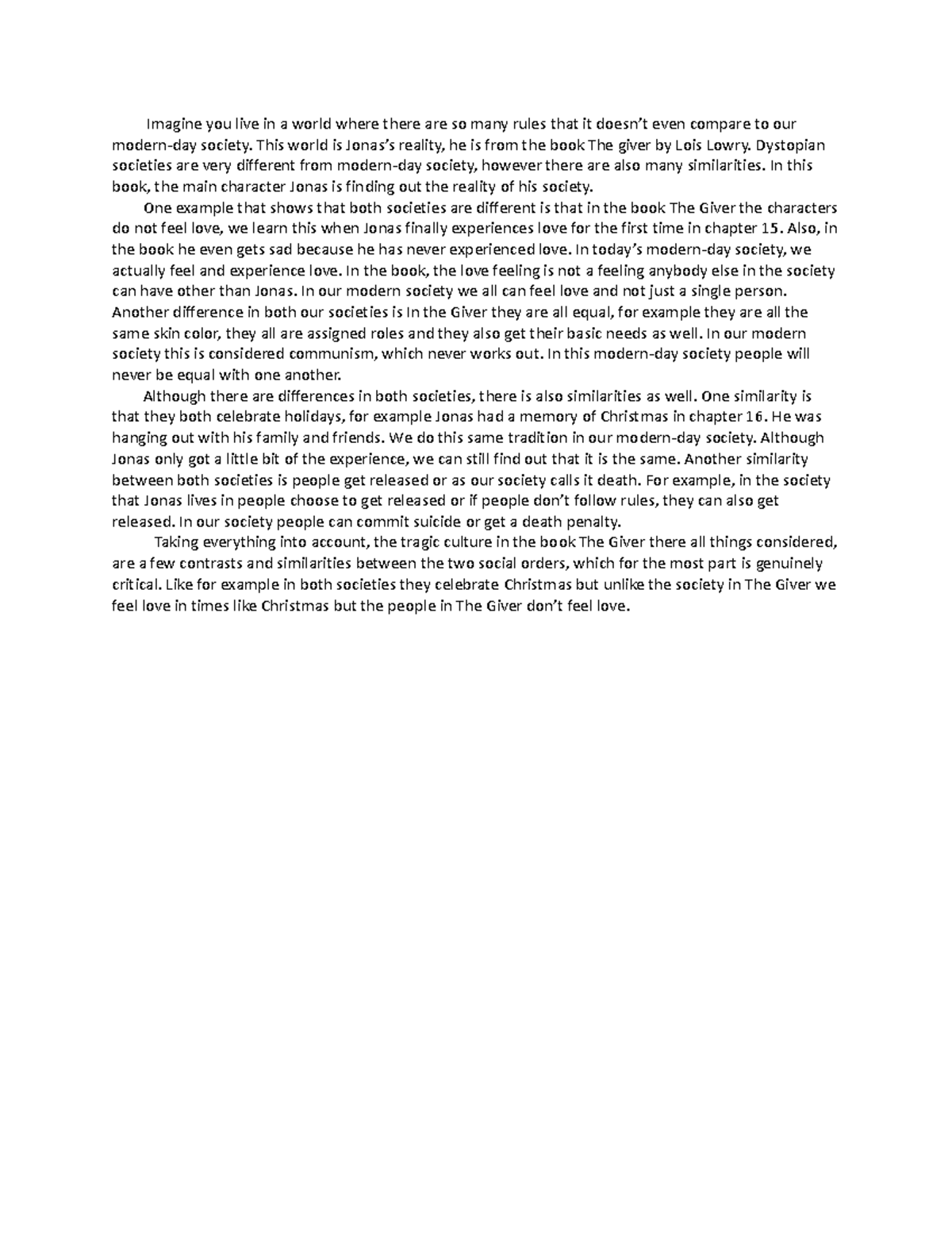 Final Essay on The Giver: Dystopia vs. Modern Society Analysis - Studocu
