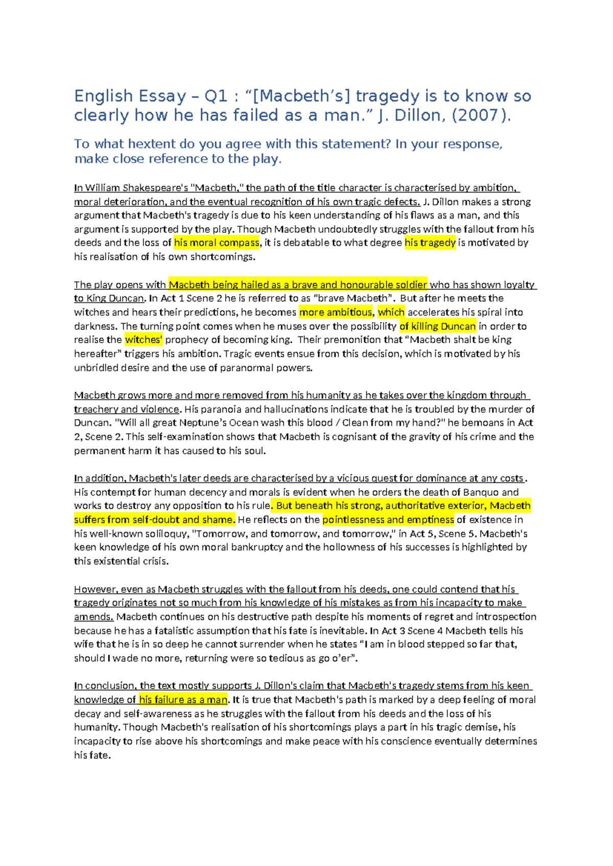 English Essay Q1 & Q2: Tragedy and Human Flaws in Macbeth - Studocu