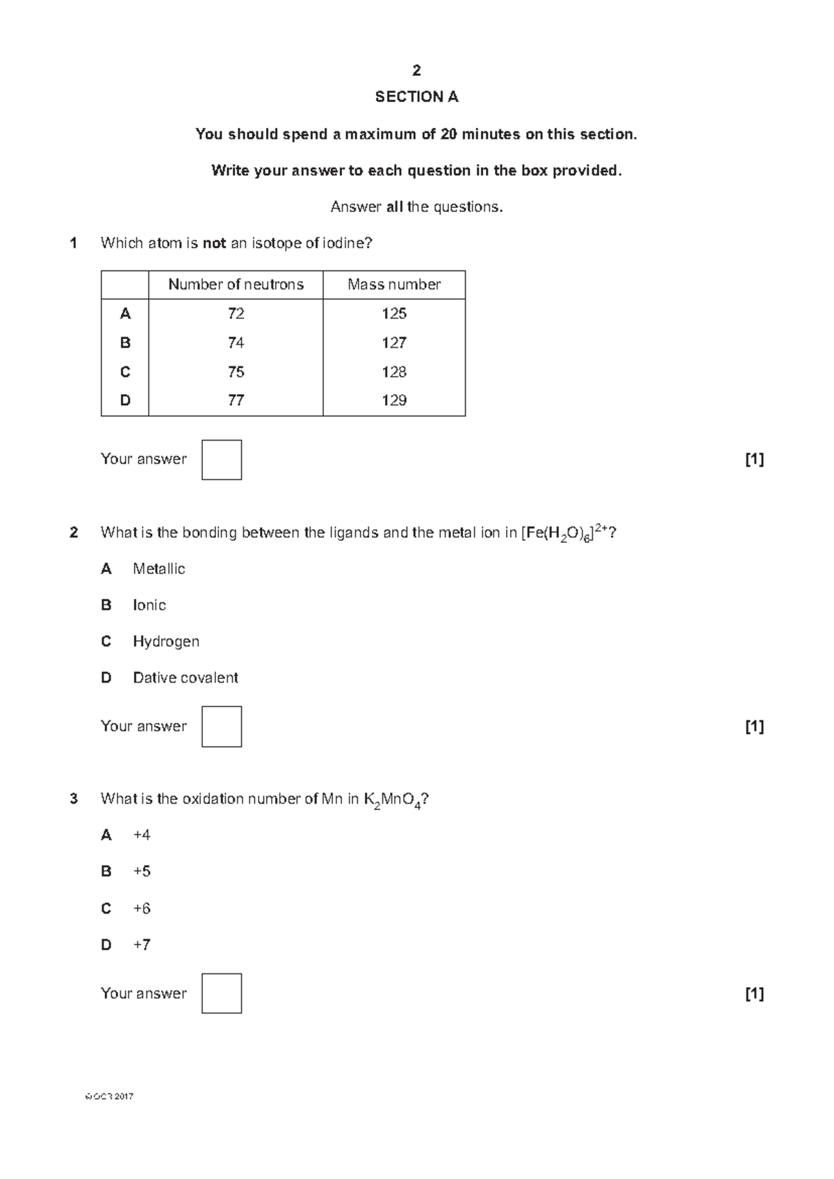 MCQ Inorganic & Physical Chemistry 1 - 2017 P1 Section A - Studocu