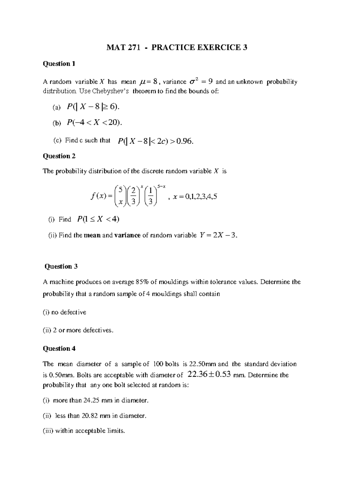 MAT 271 Practice Exercise 3: Probability and Statistics Problems - Studocu