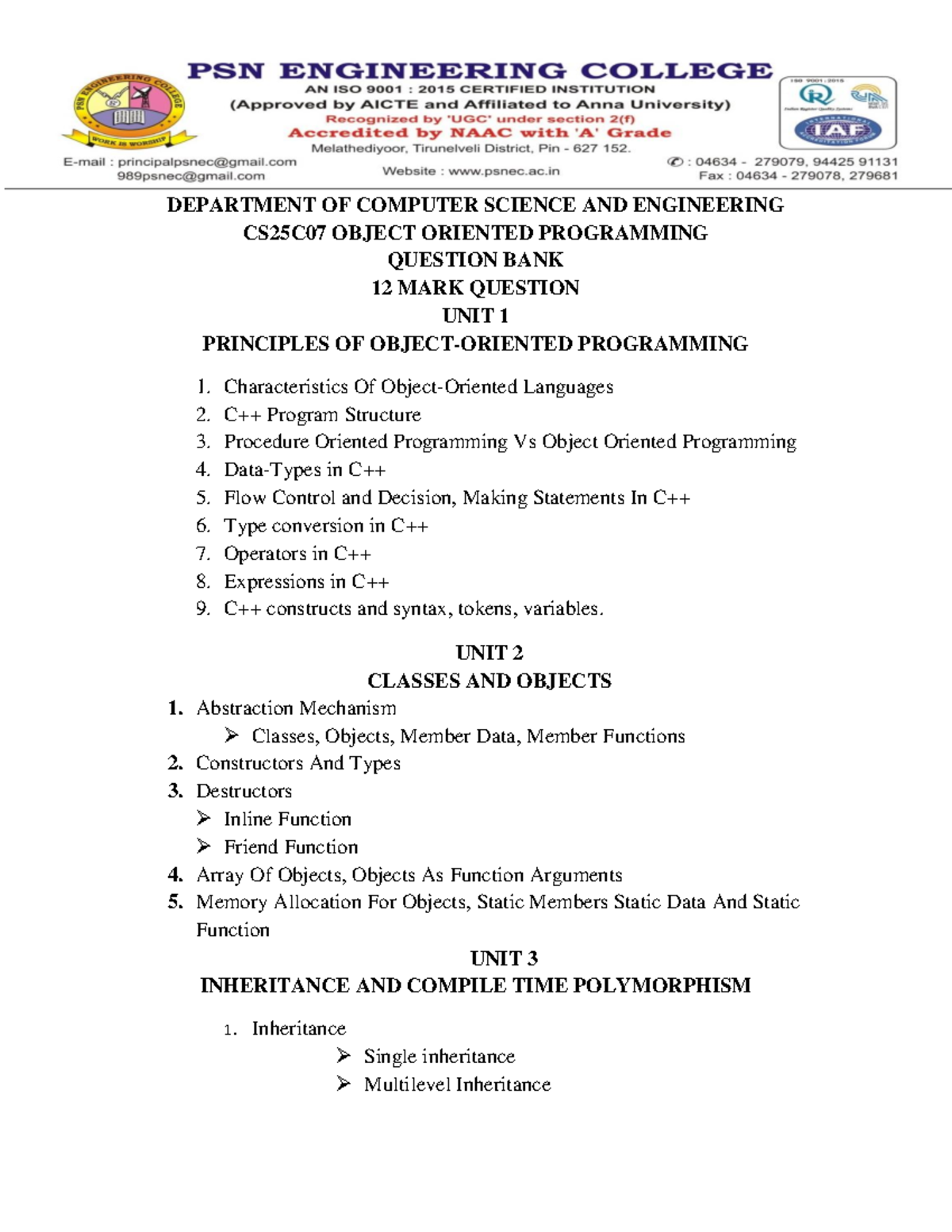 CS25C07 Final Exam Question Bank: Object Oriented Programming - Studocu