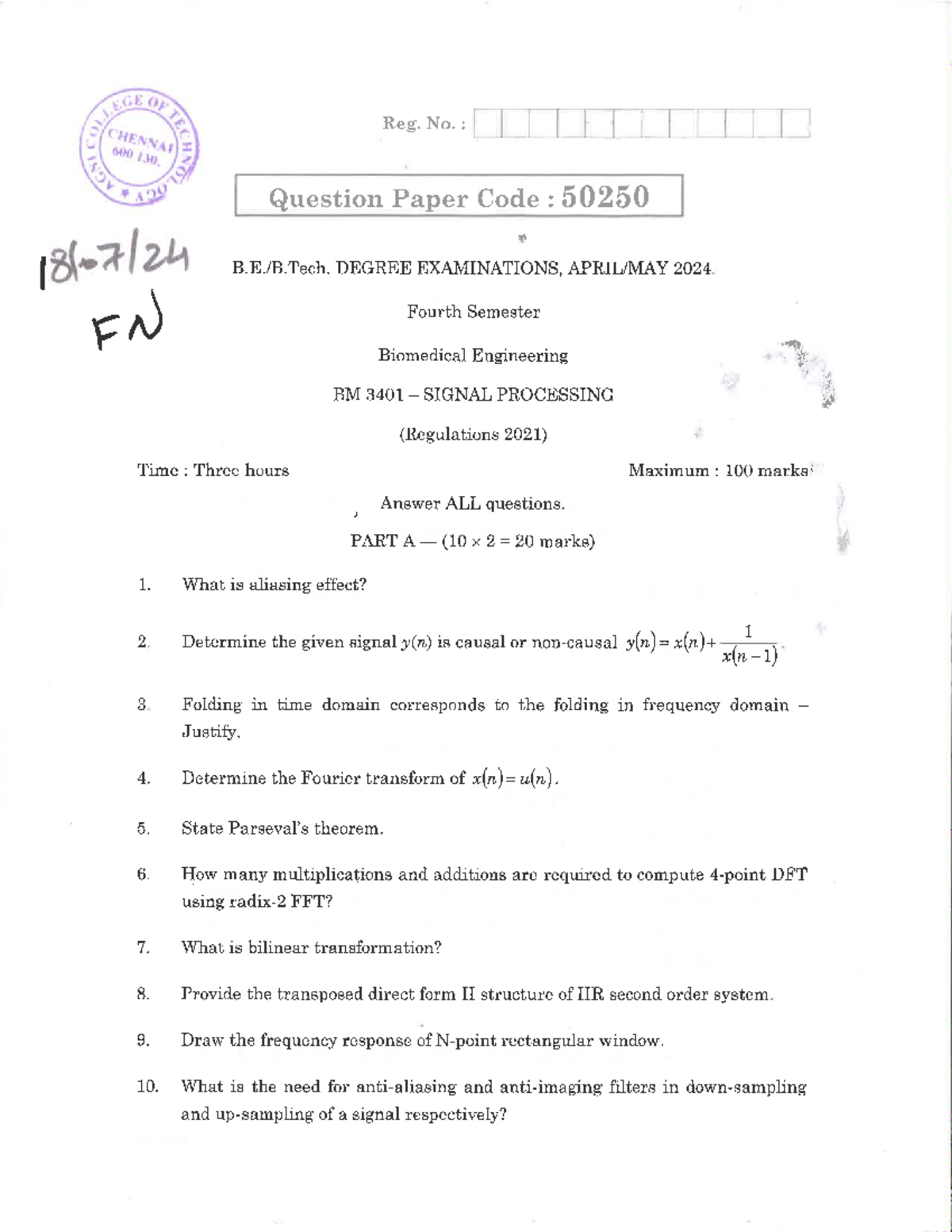 BM 3401 Signal Processing Exam Paper - AGU 420 DEGREE EXAM 2024 - Studocu