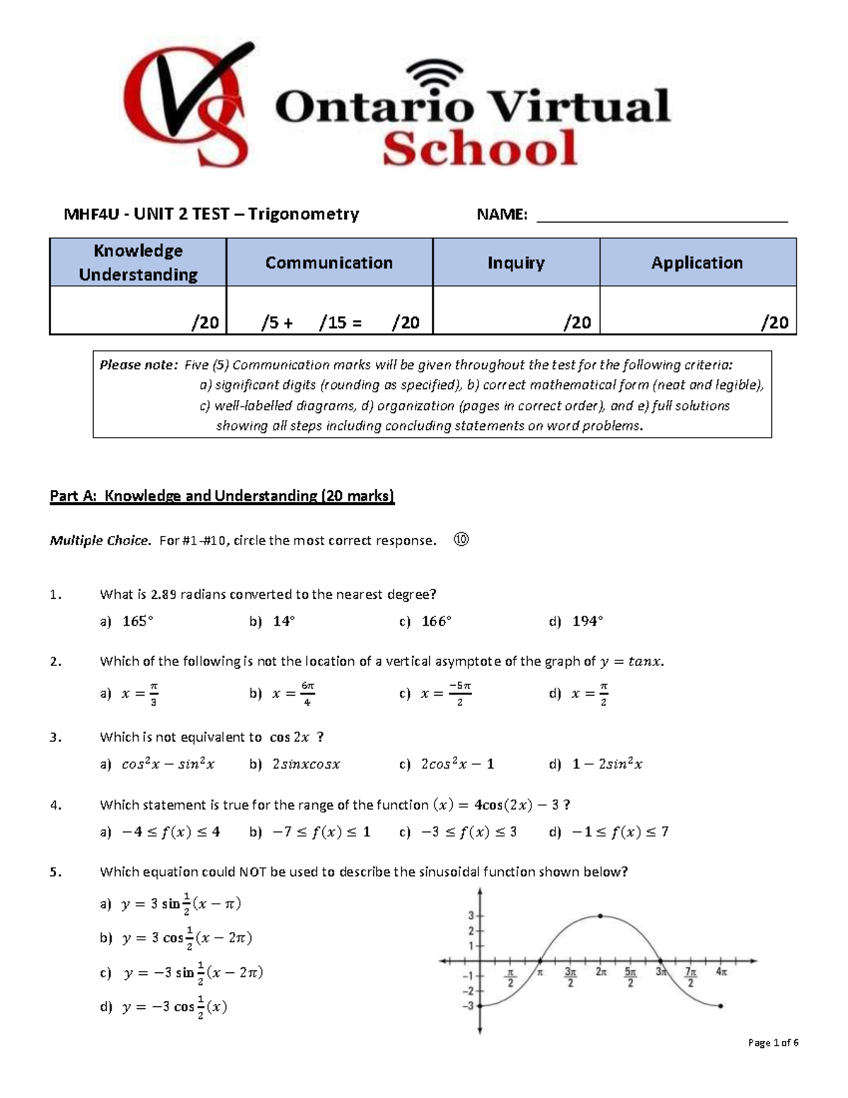 MHF4U Unit 2 Test: Trigonometry Knowledge & Application - Studocu