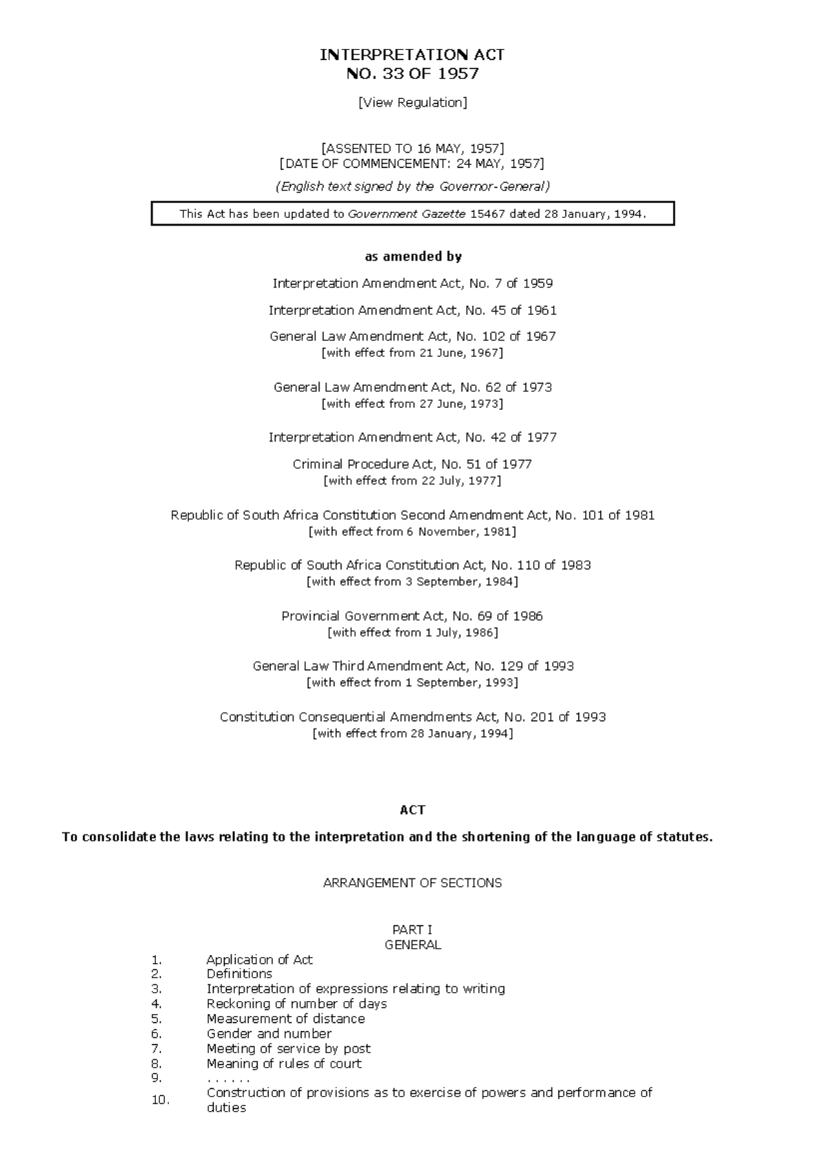 Interpretation Act No. 33 of 1957: Comprehensive Legal Framework - Studocu