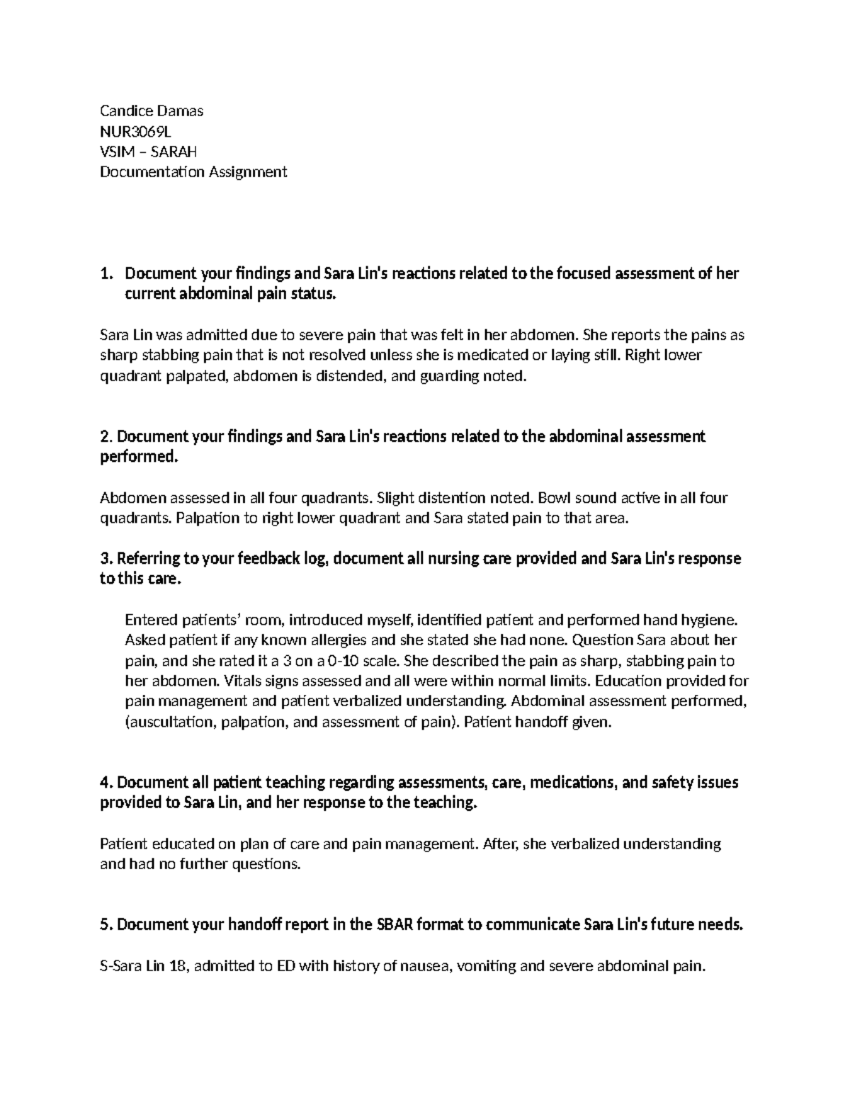 NUR3069L VSIM Documentation Assignment 1: Sara Lin's Abdominal ...