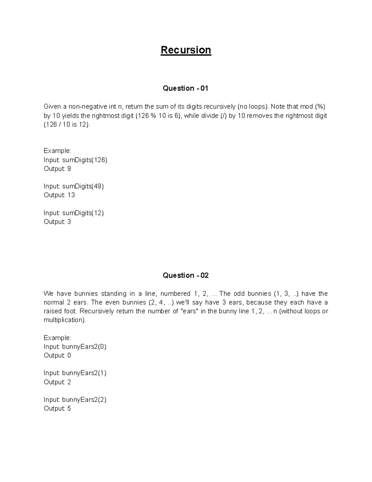 Practice Sheet 8 - Recursion Problems and Solutions - Studocu