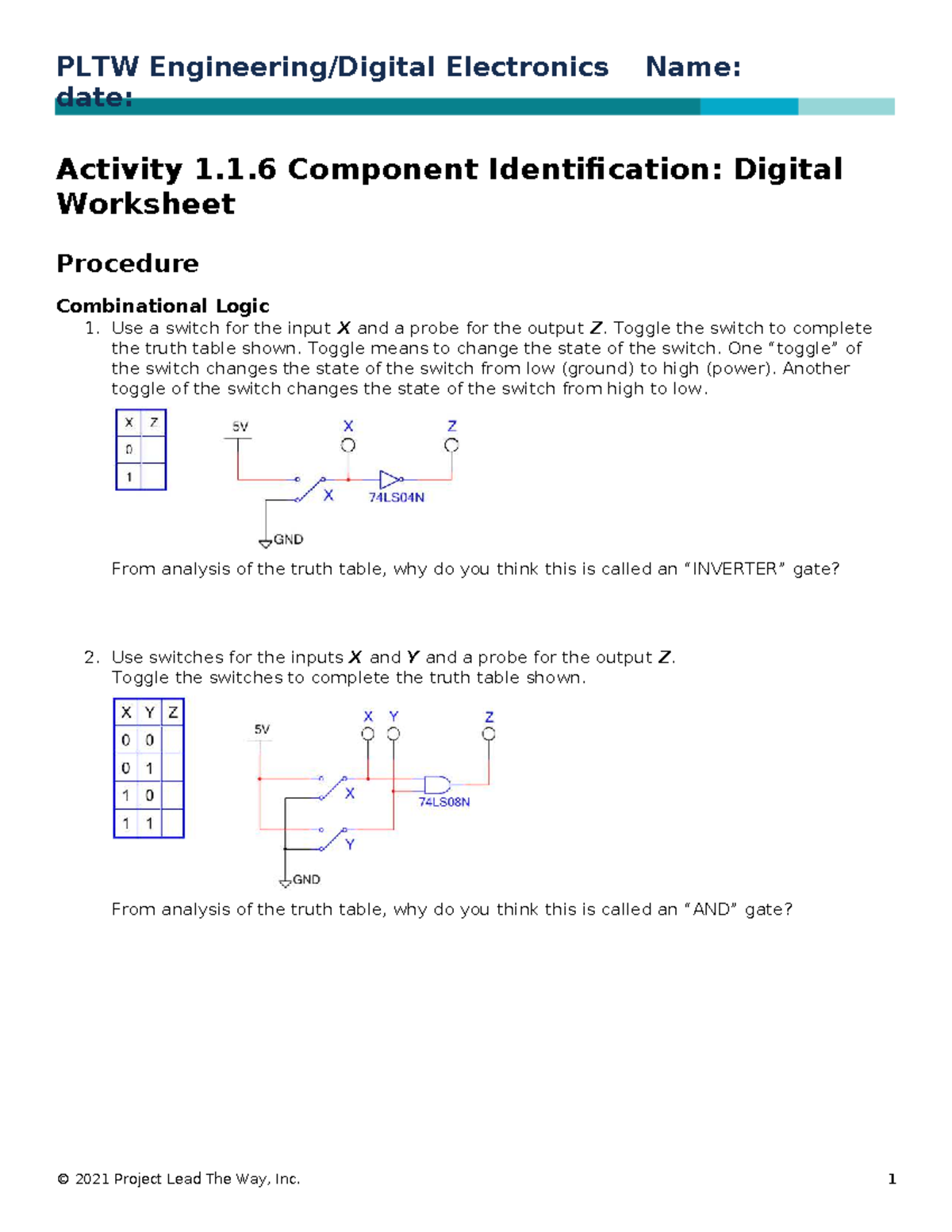 PLTW Electronics DE 1.1.6 Component Identification Digital Worksheet ...