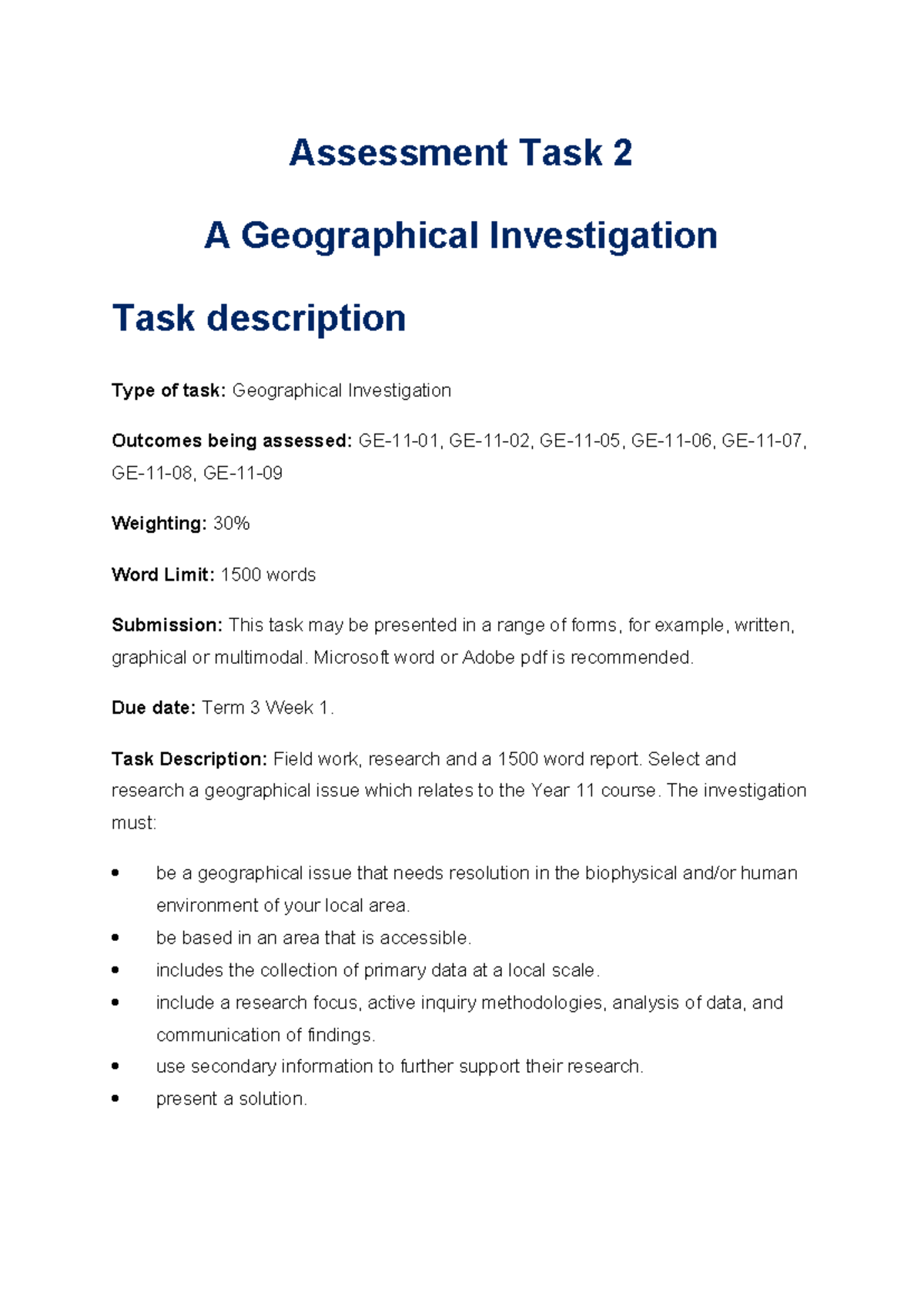 Year 11 Geography Assessment Task 2: Geographical Investigation Guide ...
