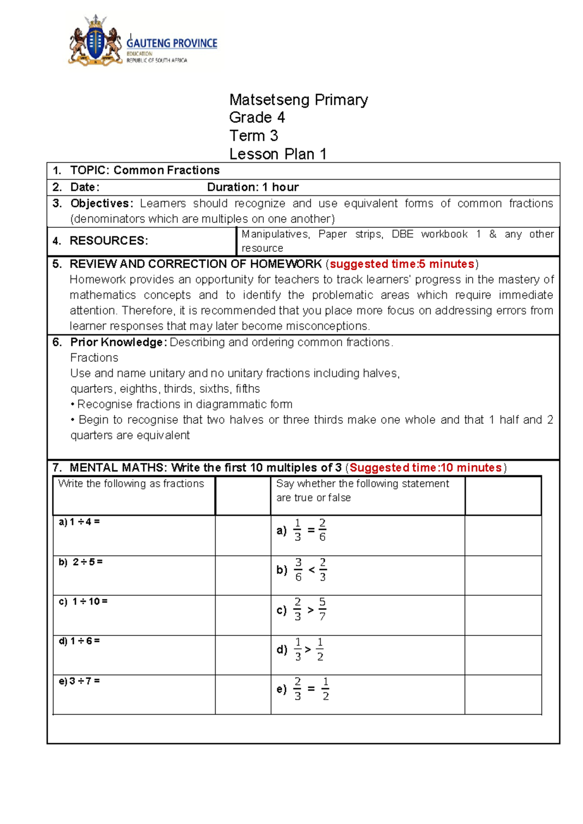 Grade 4 Term 3 Lesson Plan 1: Common Fractions & Activities - Studocu