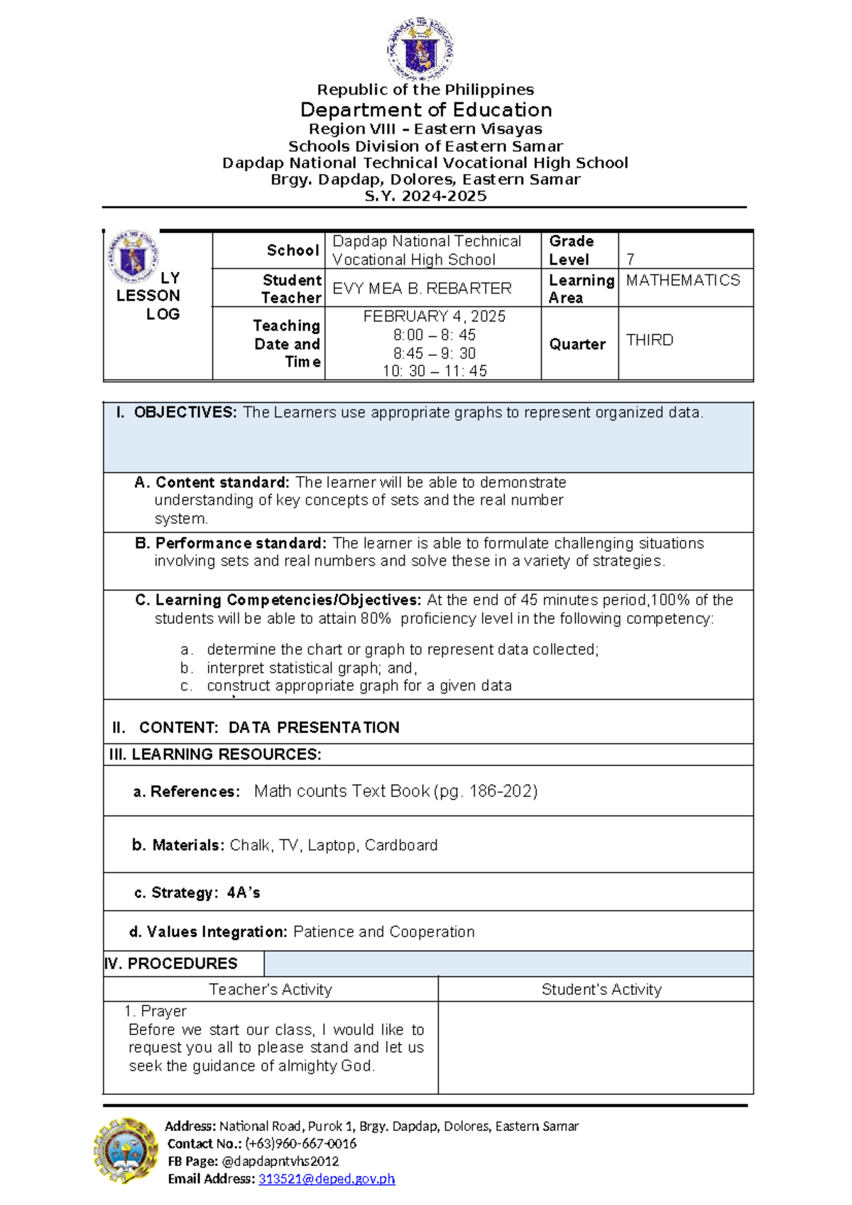 Lesson Plan 2: Data Presentation in Mathematics (Grade 7) - Studocu