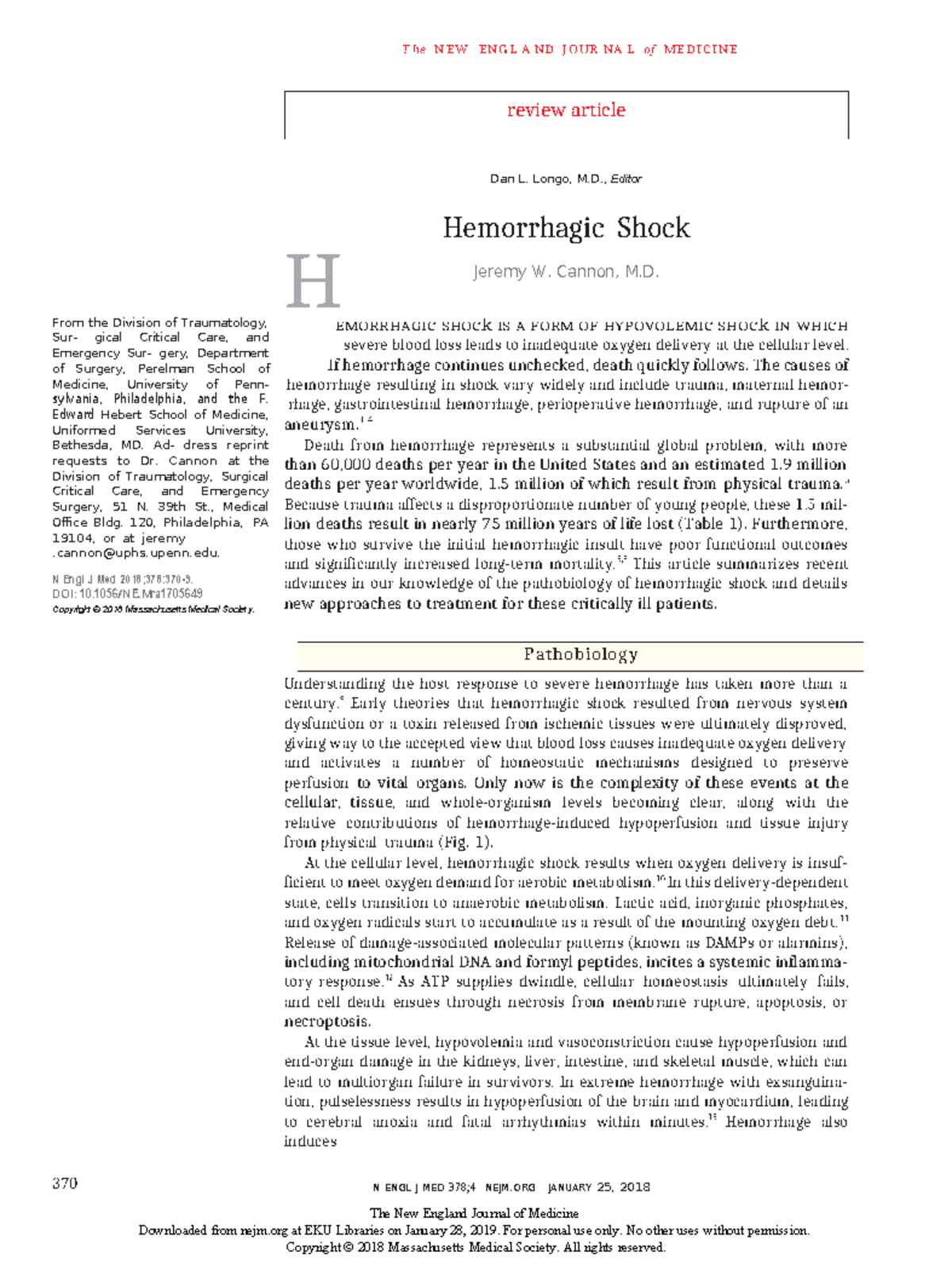 Título: Hemorrhagic Shock: Insights and Advances - NEJM 2018 - Studocu