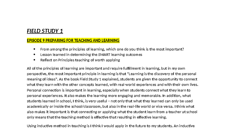FIELD STUDY 1 PORTFOLIO: TEACHING & LEARNING REFLECTIONS - Studocu