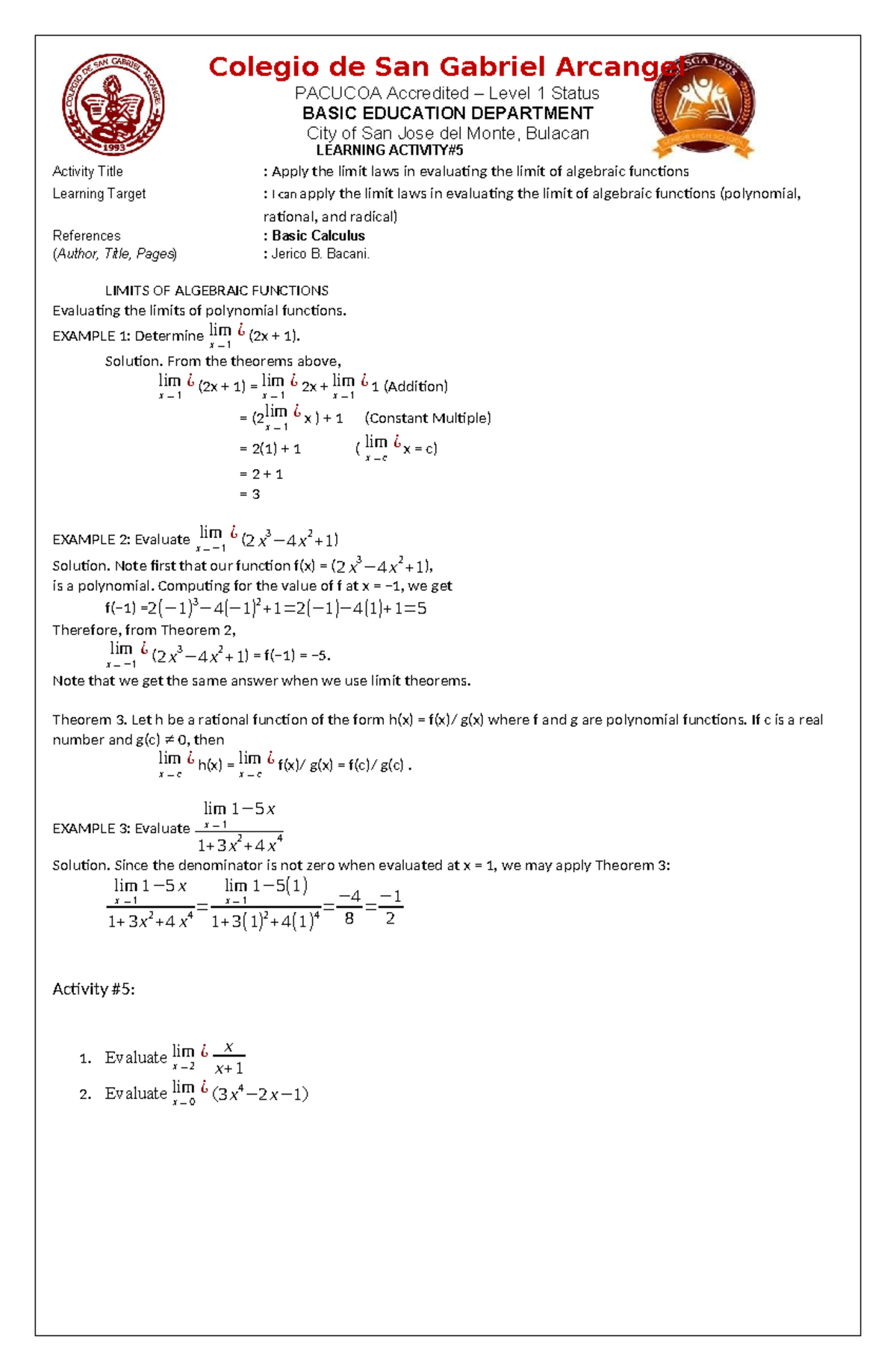 LAS #5: Evaluating Limits of Algebraic Functions Using Limit Laws - Studocu