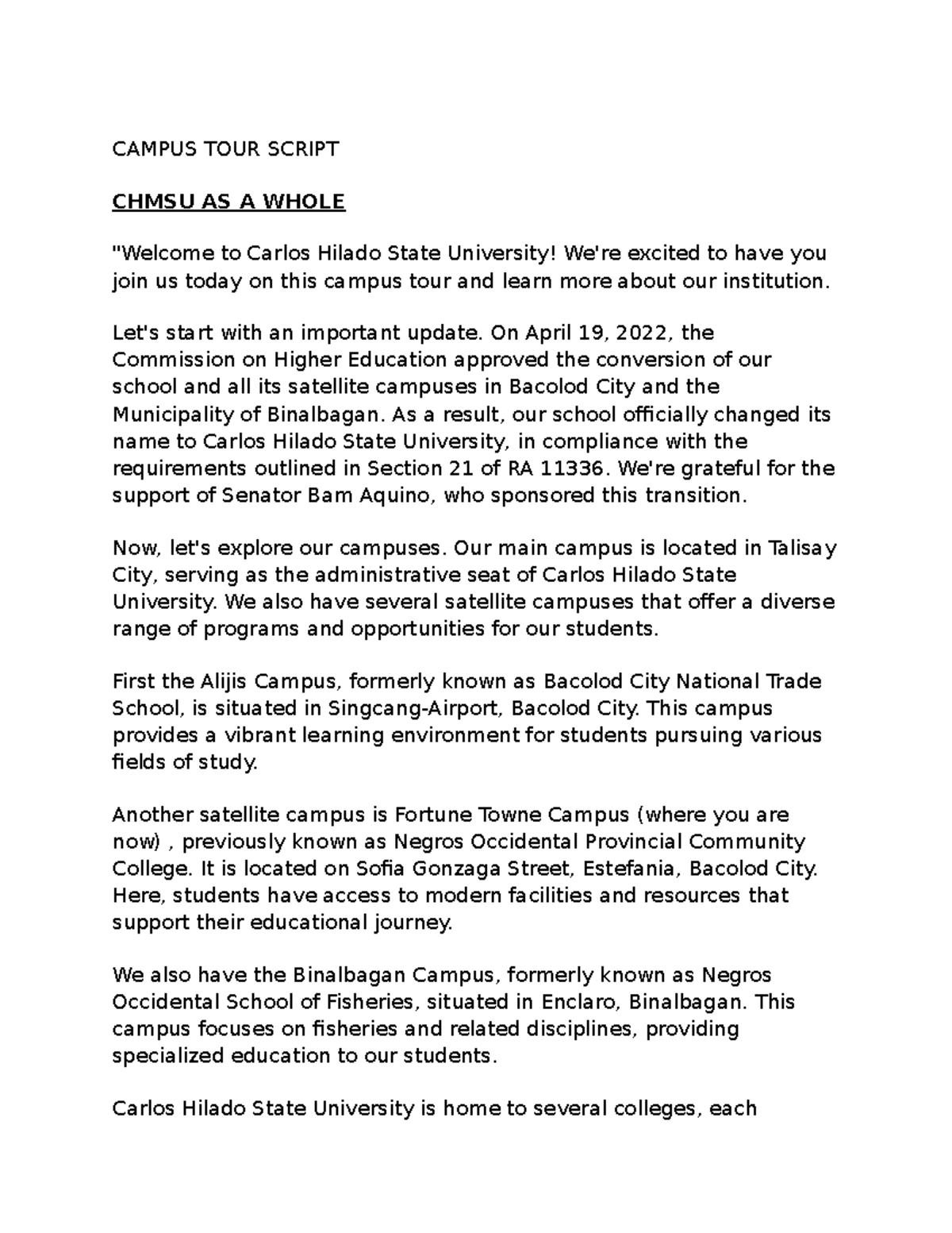 Campus Tour Script for CHMSU Fortune Towne Campus - Studocu