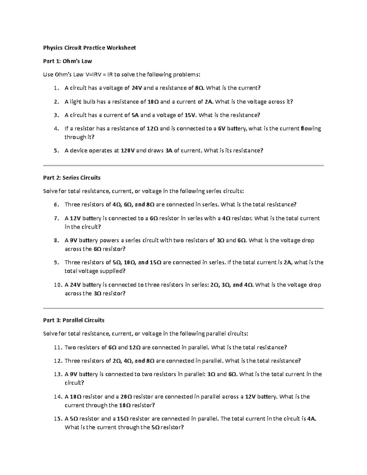Physics Circuit Practice Worksheet - A circuit has a voltage of 24V and ...