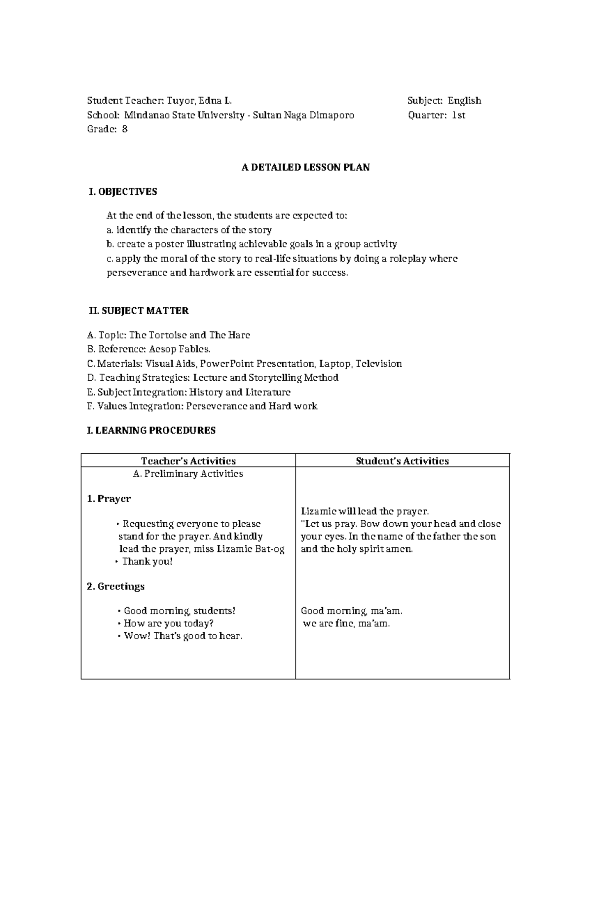 Detailed Lesson Plan: English 8 - The Tortoise and The Hare - Studocu