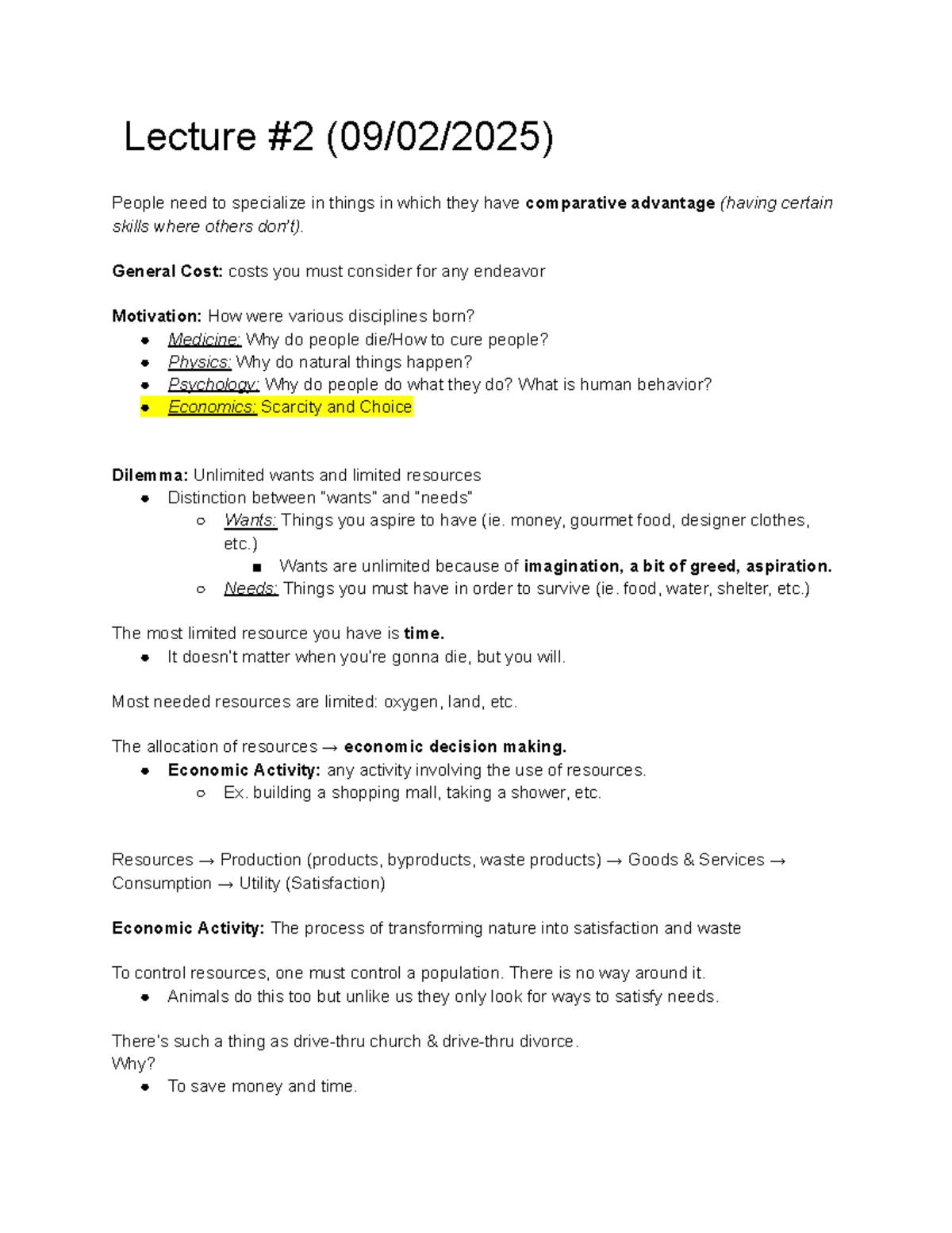 Economic Analysis and Comparative Advantage: Lecture Notes (ECO 101 ...