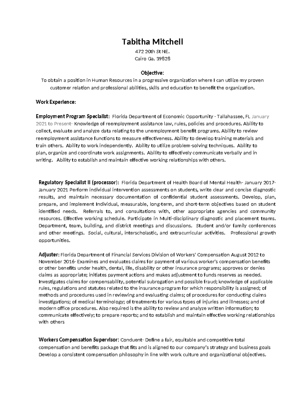 Resume: Human Resources Position - Tabitha Mitchell - Studocu