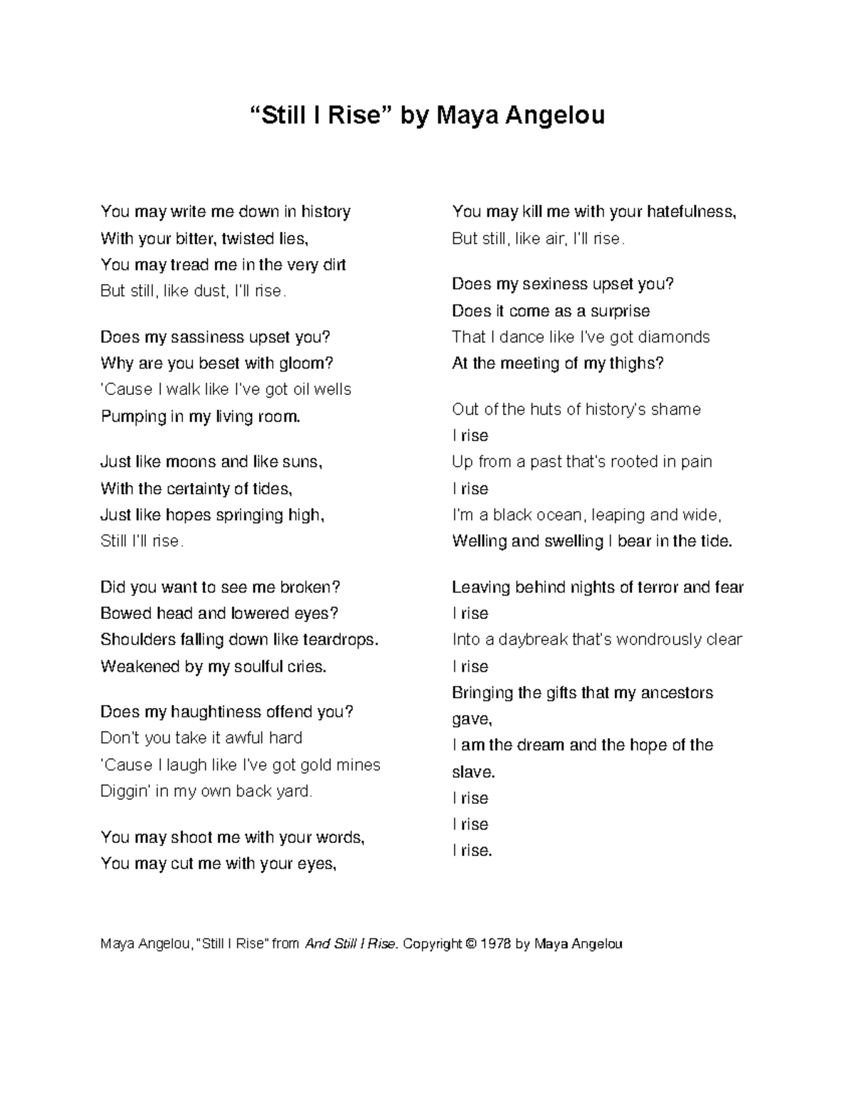 ENG 101: Still I Rise - Analysis of Maya Angelou's Poem - Studocu