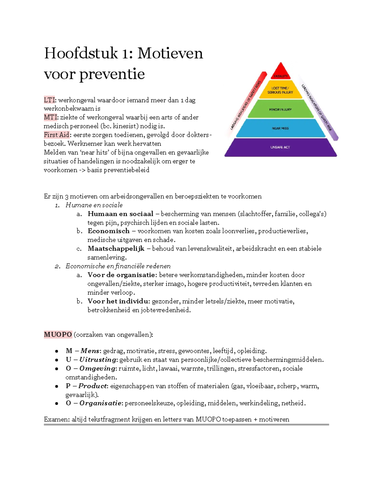 Hoofdstuk 1 en 2: Motieven en Wetgeving voor Preventie LTI/MTI - Studocu