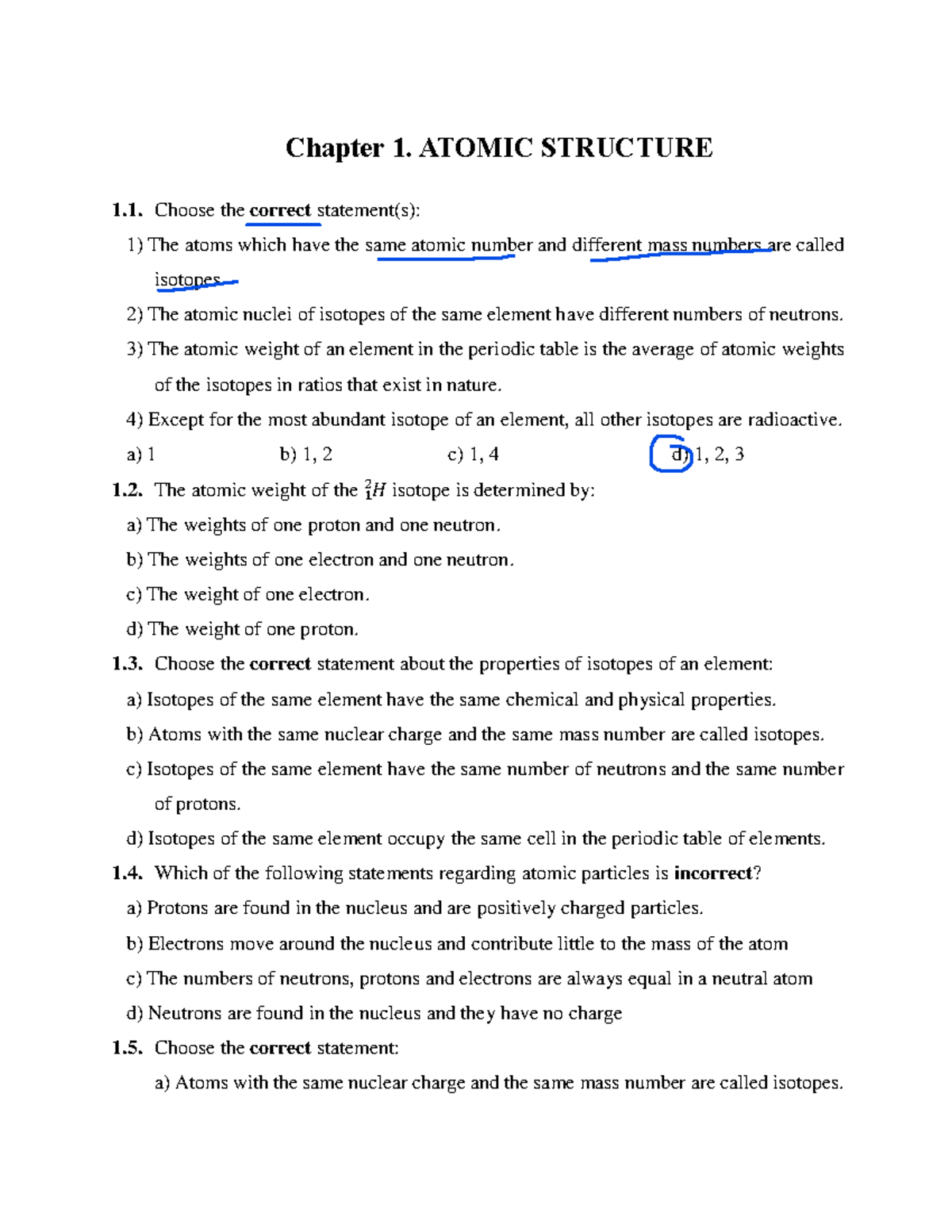 Chapter 1: Atomic Structure Exercises and Questions - Studocu