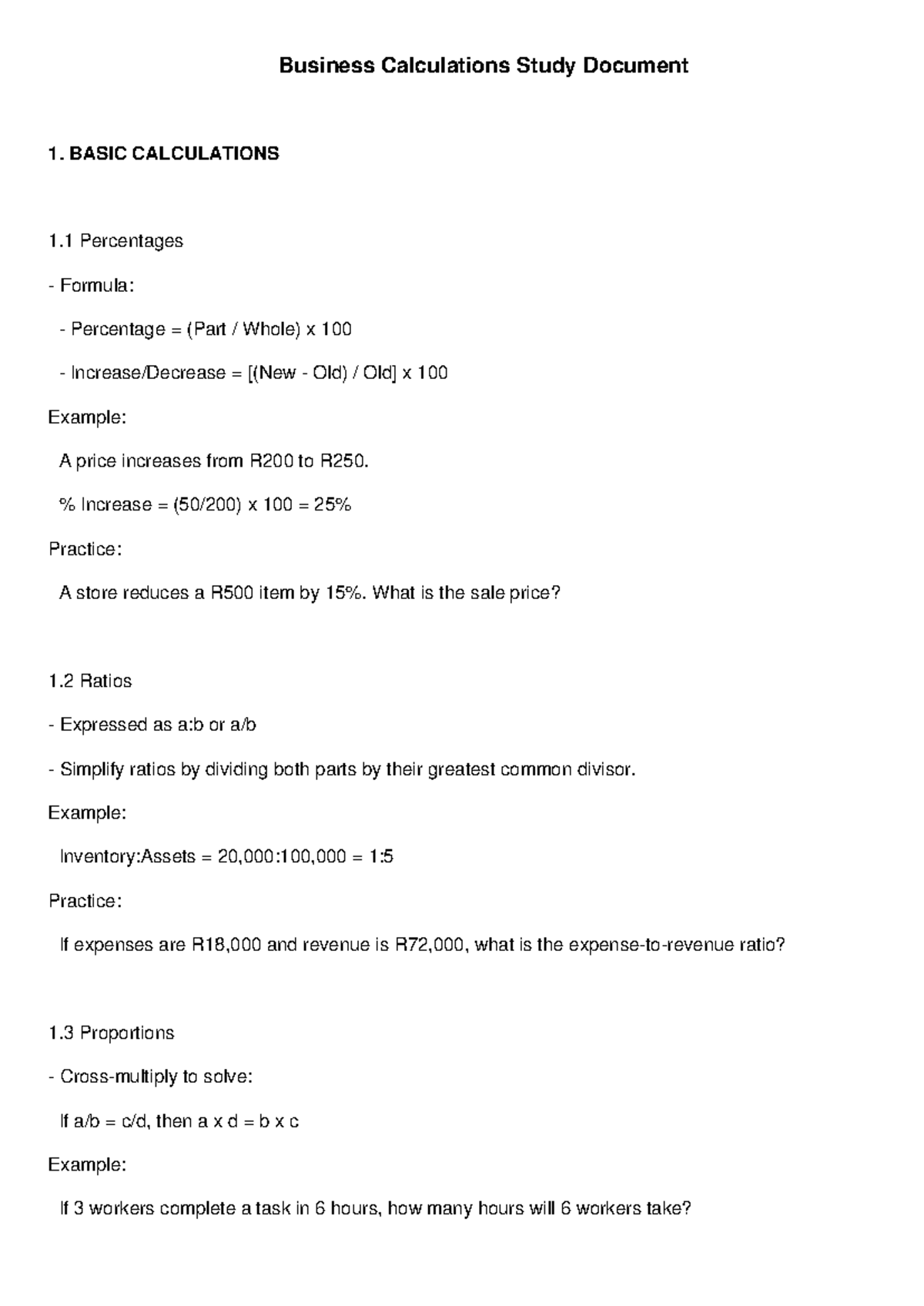 Business Calculations Study Document - BASIC CALCULATIONS 1 Percentages ...