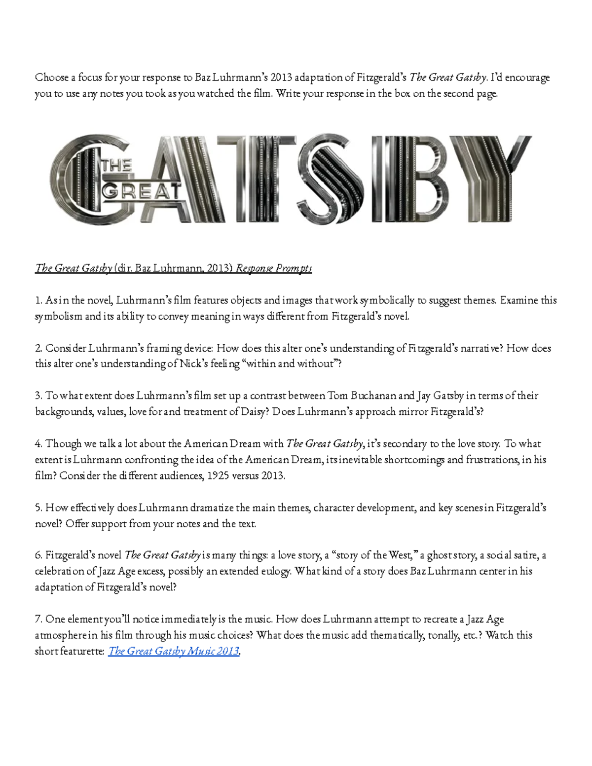 THE Great Gatsby Film Analysis (2024) - Response Prompts & Notes - Studocu