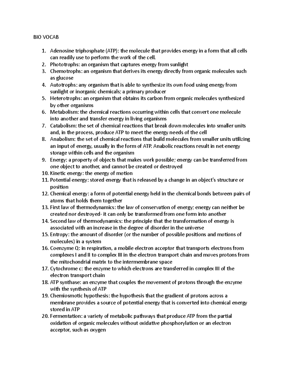 BIO 140 Key Terms and Definitions for Understanding Biology Concepts ...
