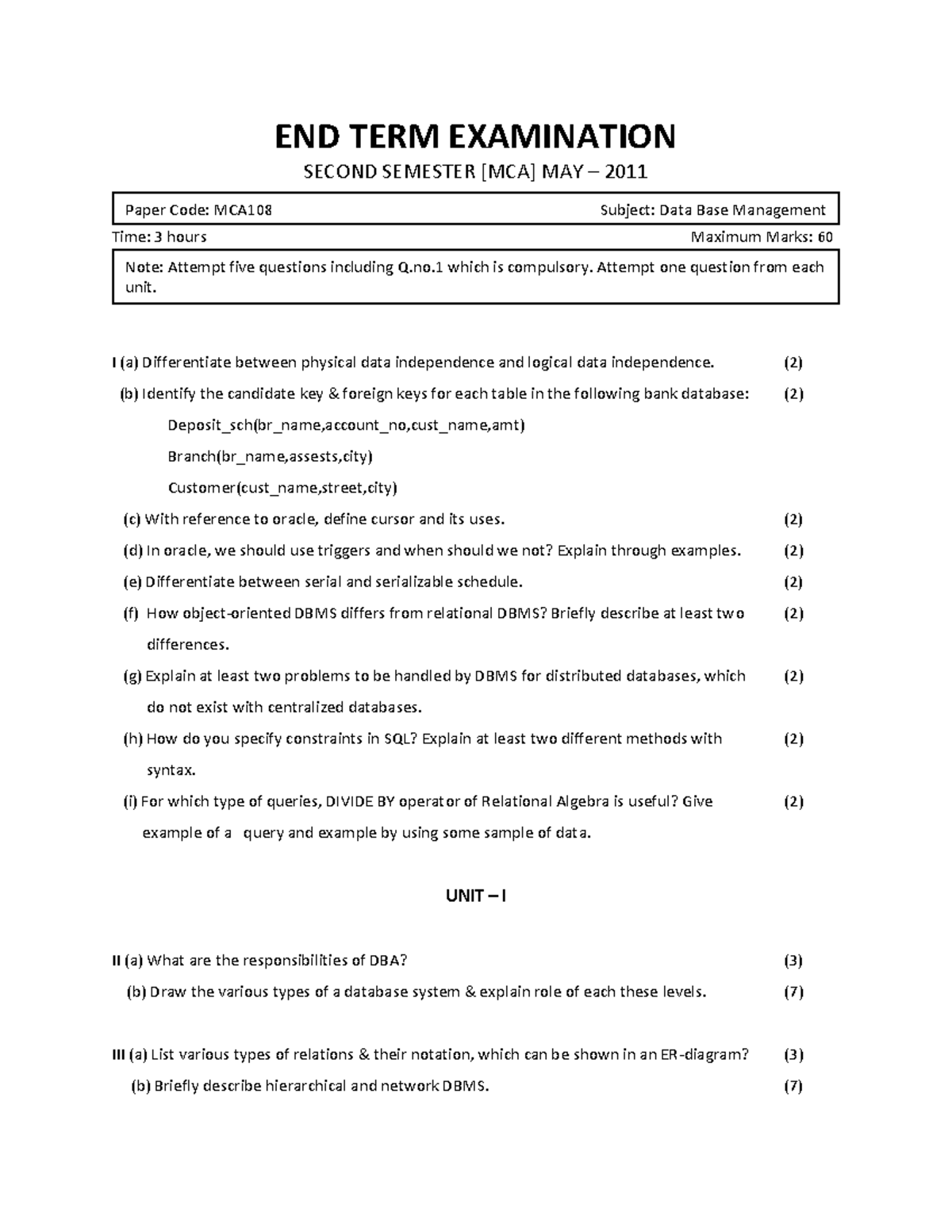 MCA108 Final Exam May 2011 - Data Base Management Systems - Studocu