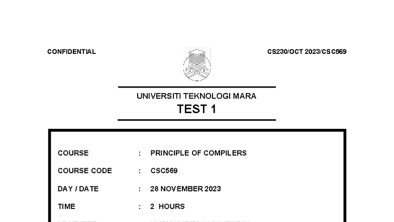 CSC569 - Test 1: Principles of Compilers Exam Questions - Studocu
