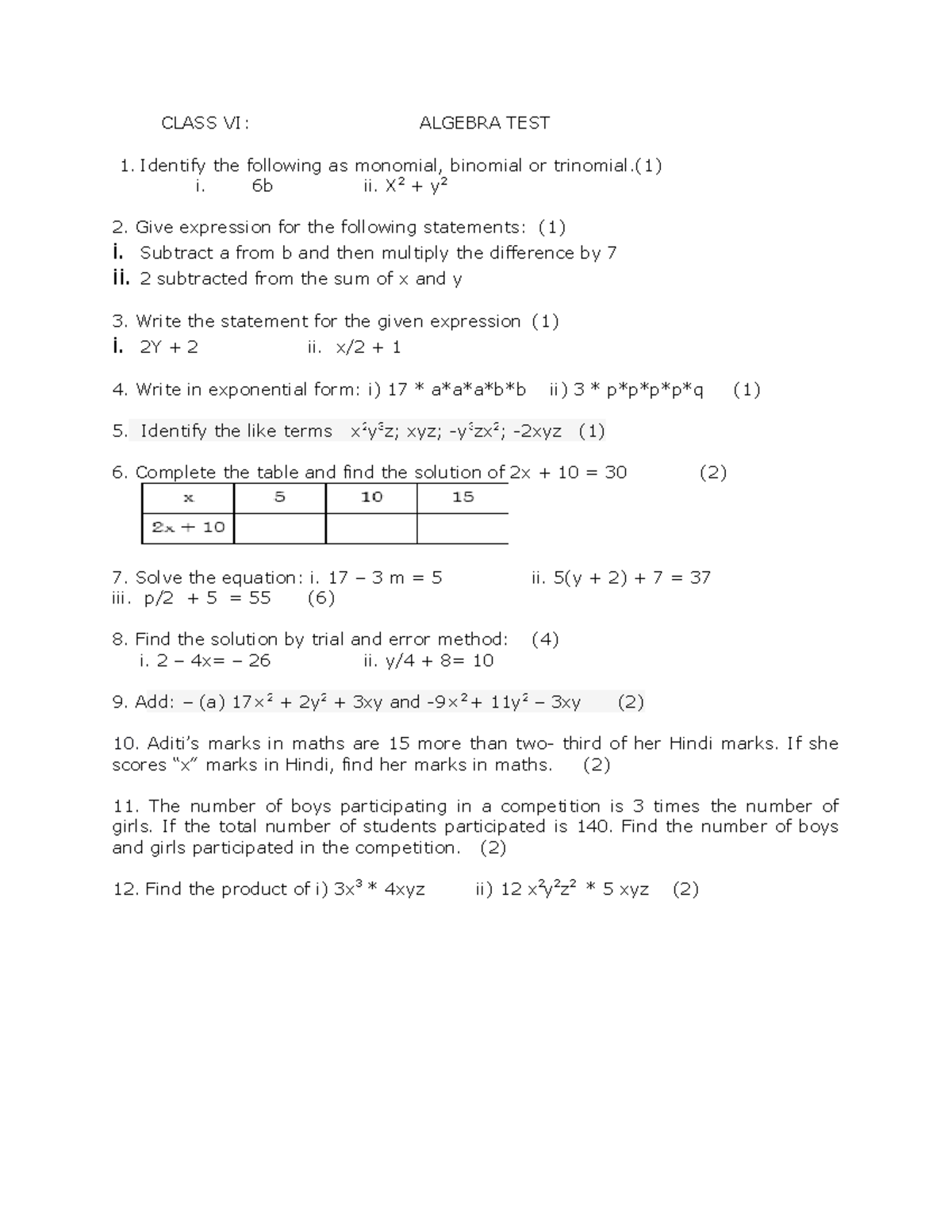 CLASS VI: Algebra Test Questions and Solutions - Studocu