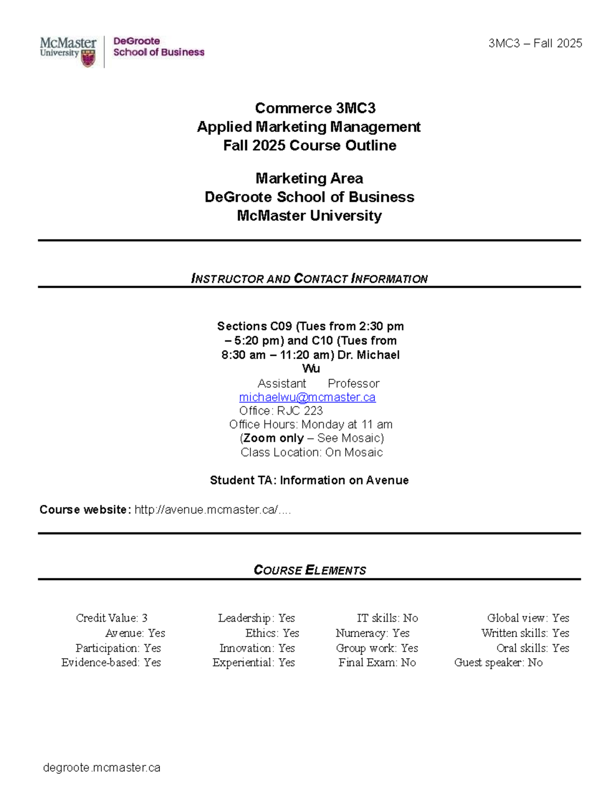 3MC3 Fall 2025 Applied Marketing Management Course Outline - Studocu