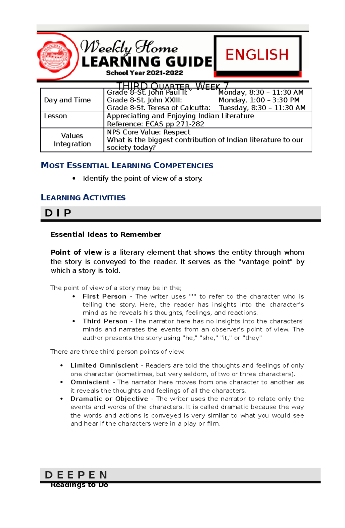 G8 Module 3 - Day and Time Grade 8–St. John Paul II: Monday, 8:30 – 11: ...