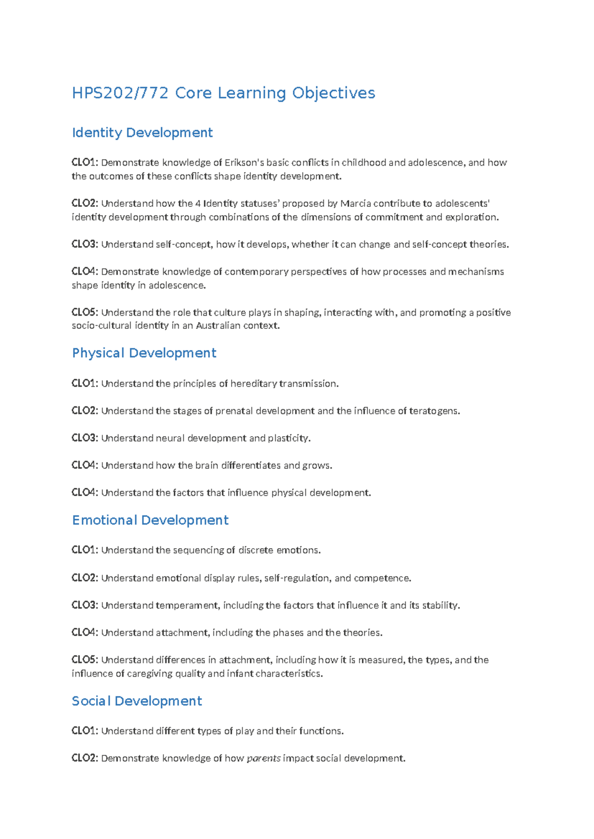 HPS202/772 Core Learning Objectives for Child & Adolescent Development ...