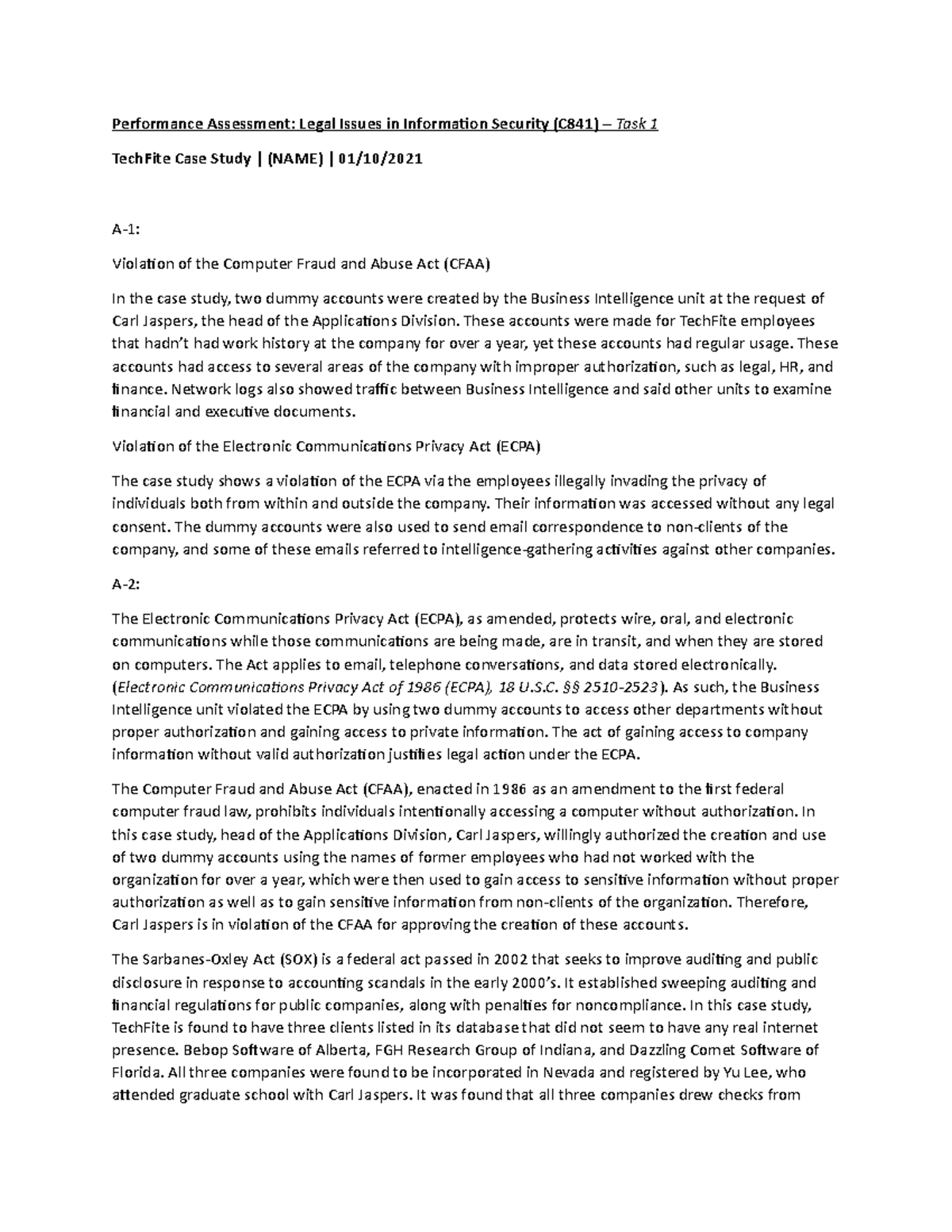 Performance Assessment Task 1 - Performance Assessment: Legal Issues in ...